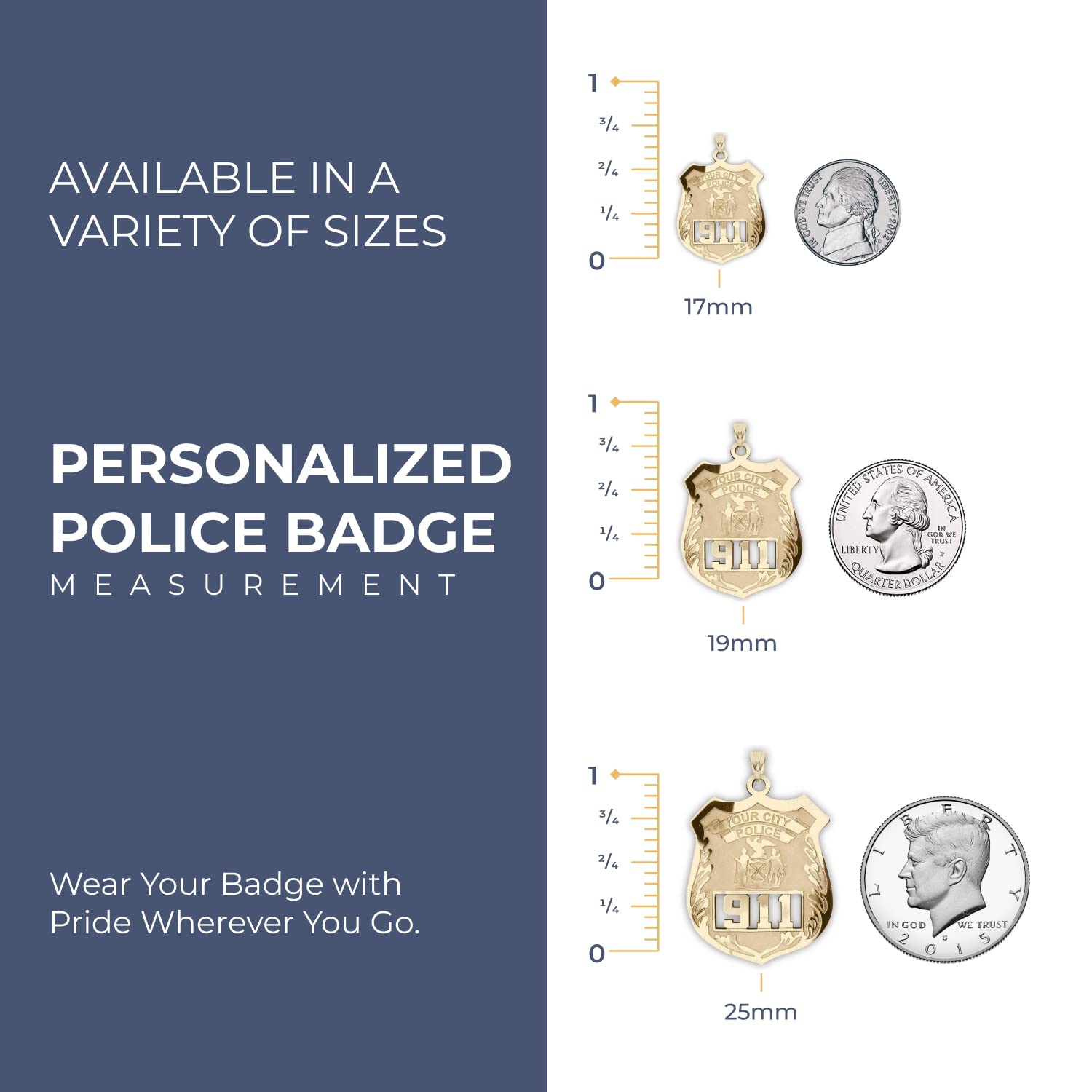 PicturesOnGold.com Personalized Police Badge with Your Number & Department in Solid 10K, 14k Gold or Sterling Silver (Sterling Silver, 1 Inch X 1-1/4 Inch)