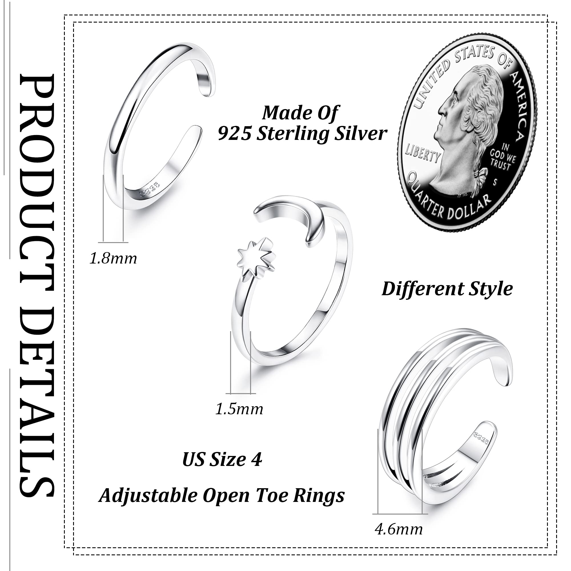Sllaiss 925 Sterling Silver Toe Rings for Women Adjustable Band Pinky Rings Minimalist Beach Foot Jewelry 3Pcs Open Toe Ring Set