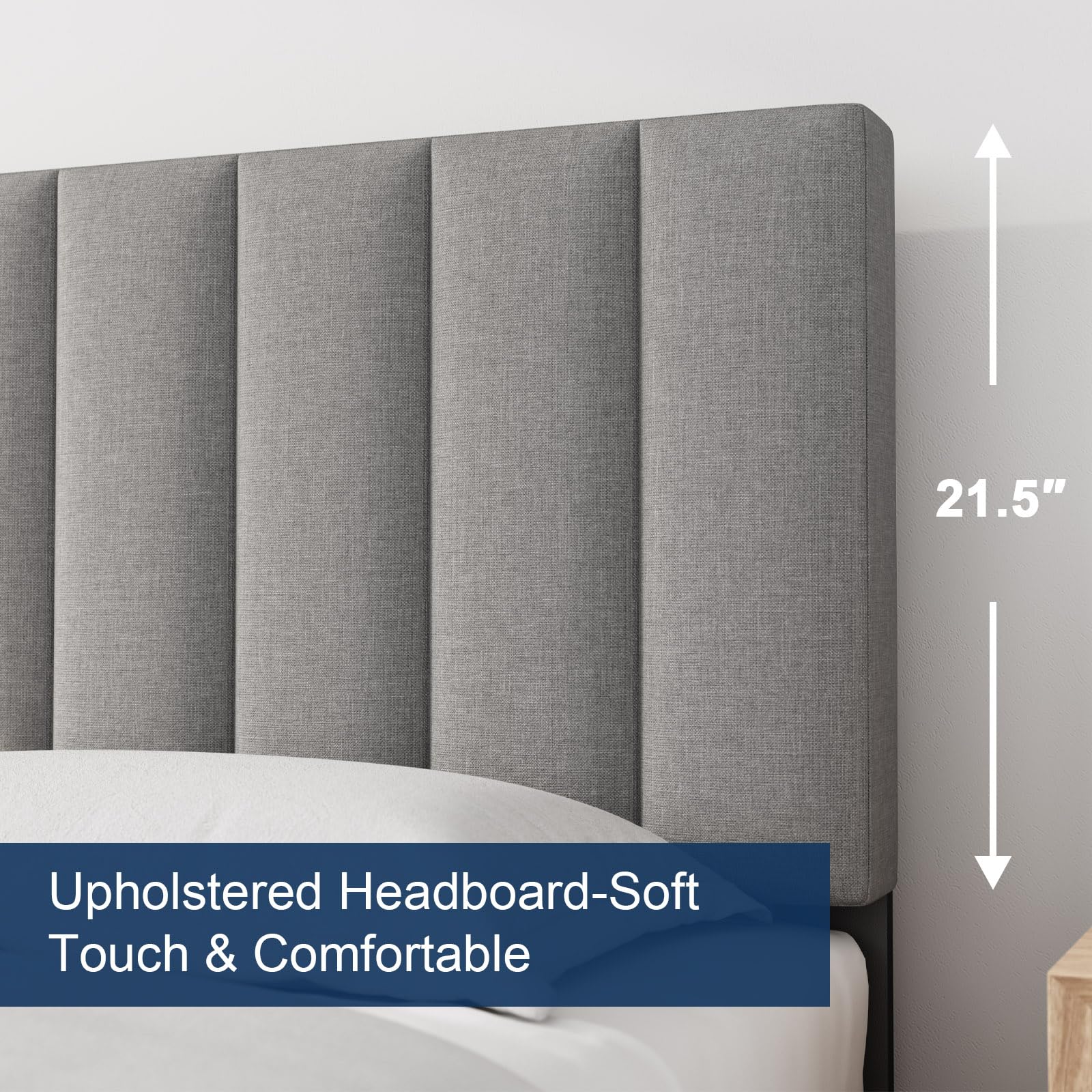 Molblly Full Size Bed Frame Upholstered Platform with Headboard and Strong Wooden Slats,Mattress Foundation,Non-Slip and Noise-Free,No Box Spring Needed, Easy Assembly,Light Gray