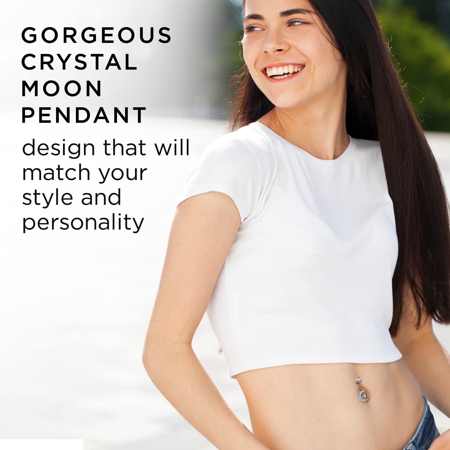 Pierce2GO Crystal Moon Belly Button Ring - 14G Surgical Steel Belly Button Ring Moon Pendant with Hanging Star - Belly Button Rings Piercing for Women β 7/16β (Silver)