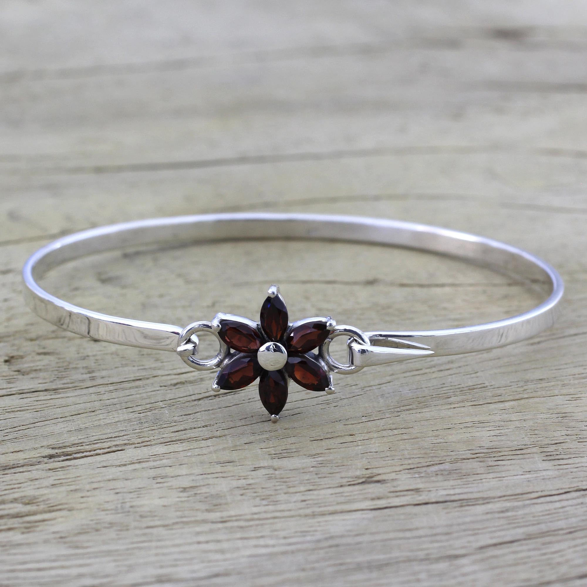 NOVICA Handmade Garnet Pendant Bracelet .925 Sterling Silver Floral from India Red Birthstone 'Marquise Flower'