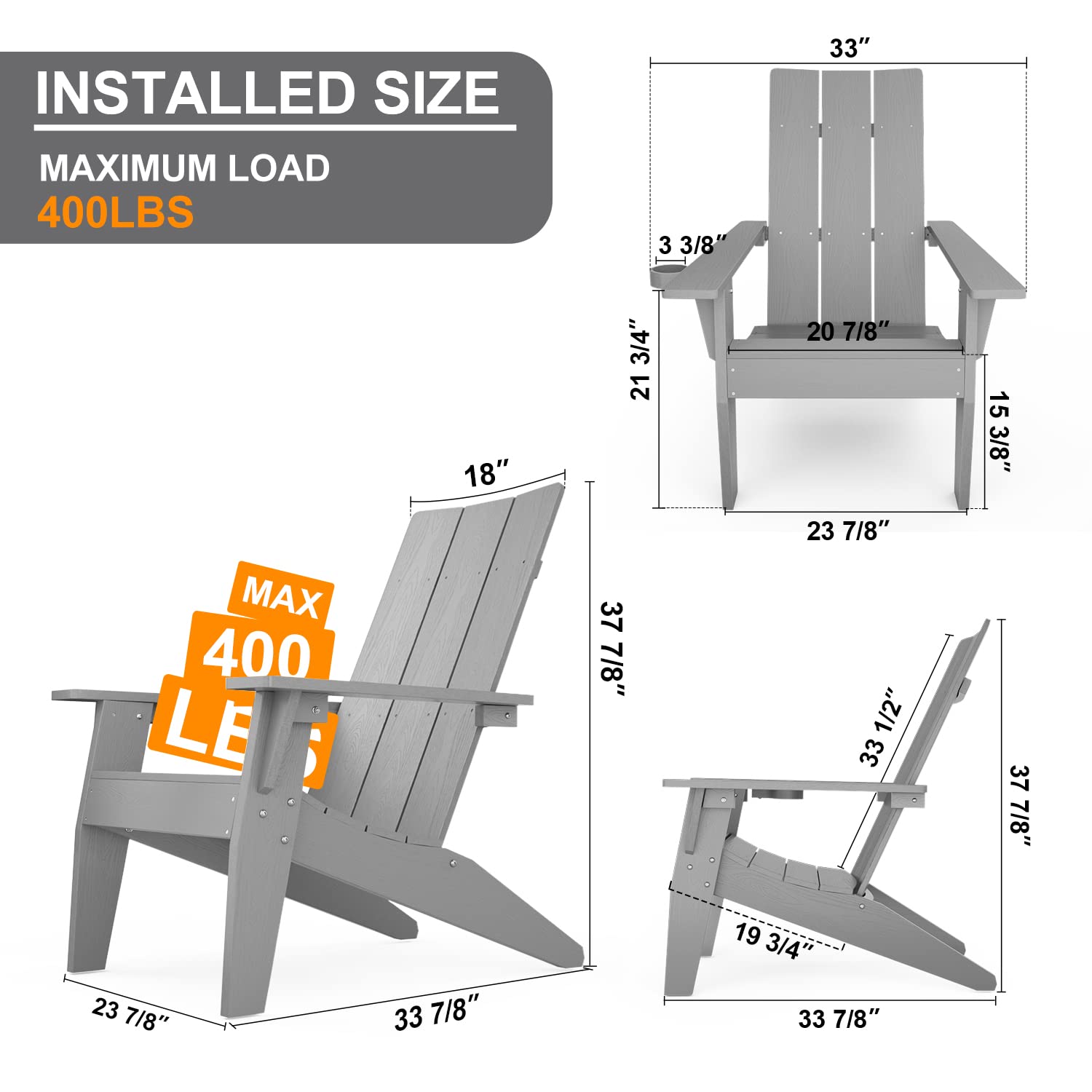 MXIMU 3-Piece Oversize Modern Adirondack Chair and Table Set, Fire Pit Seating, Foldable Outdoor Lounger Armchair, Lawn Chairs Furniture for Beach Poolside Balcony Patio Grey