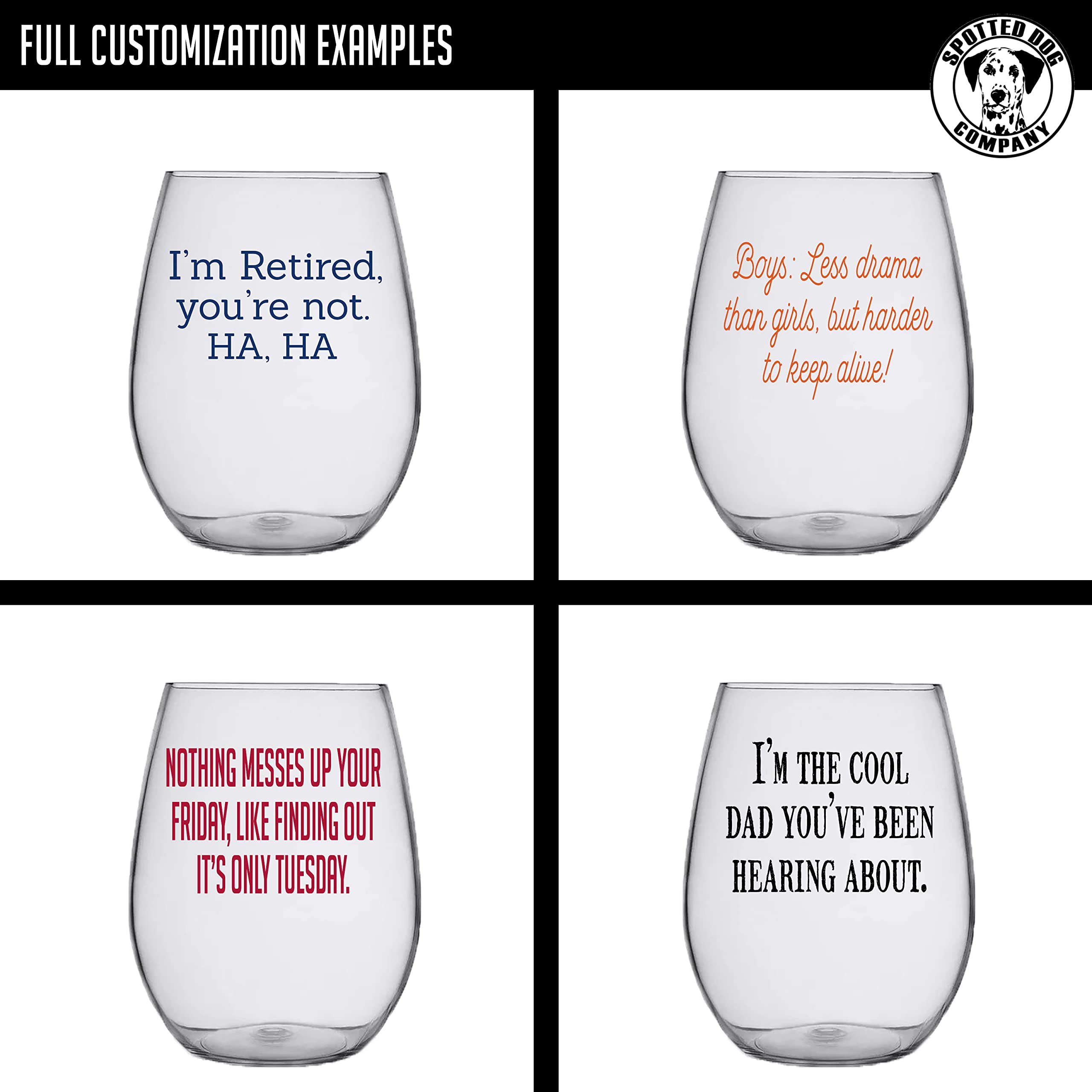 Plastic Stemless Wine Cup, Personalized Printed 15oz Tritan, Your text Here, Custom Text, Disposable, Reusable, Shatterproof, Customized Gifts for Mothers Day, Birthdays, Parties, Outdoor Events,