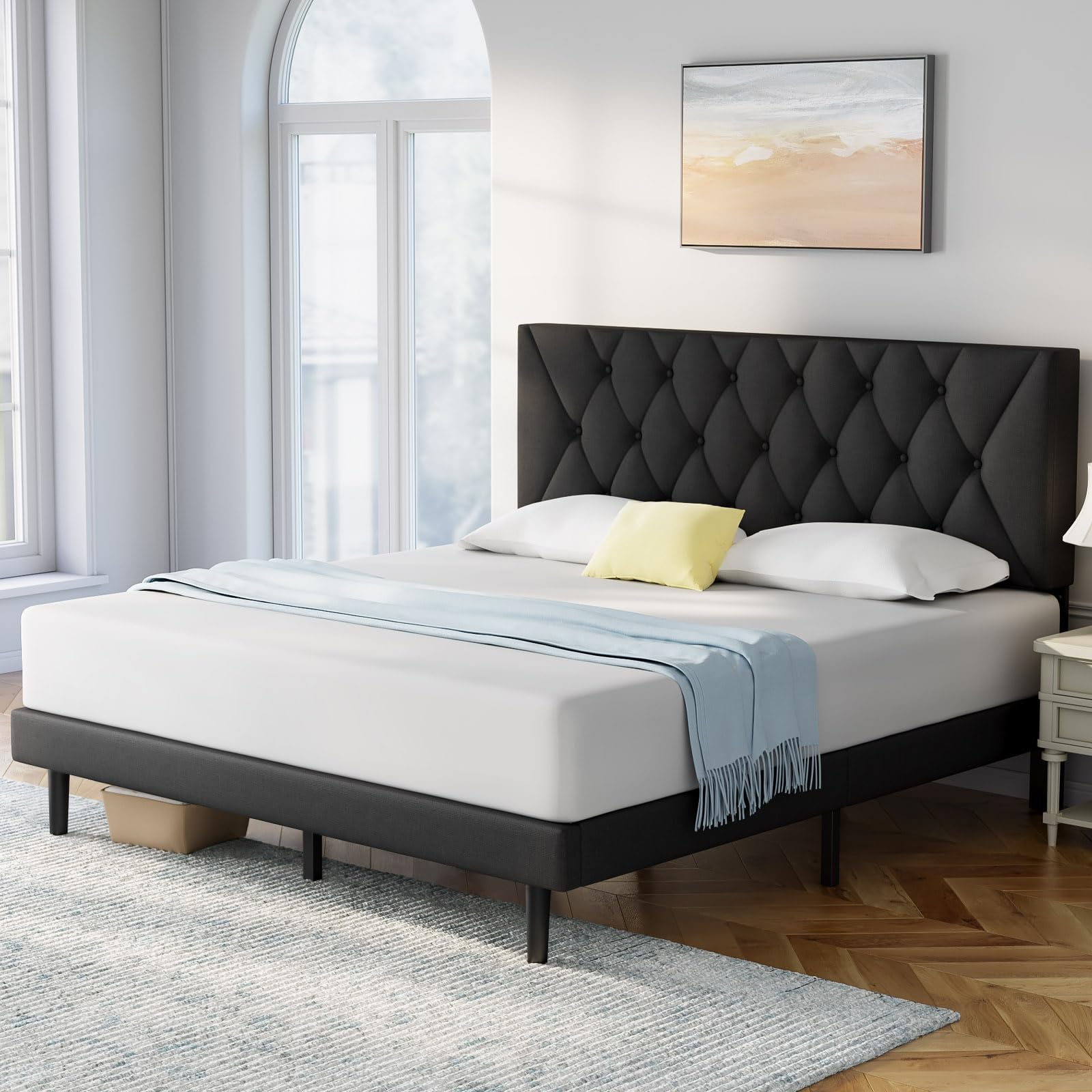 Molblly Queen Bed Frame with Adjustable Headboard, Linen Fabric Wrap, Strong Frame and Wooden Slats Support, No Box Spring Needed, Non-Slip and Noiseless, Easy Assembly, Black