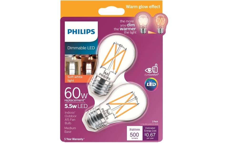 Philips A15 E26 (Medium) LED Bulb Soft White 60 Watt Equivalence 2 pk - Case of: 1
