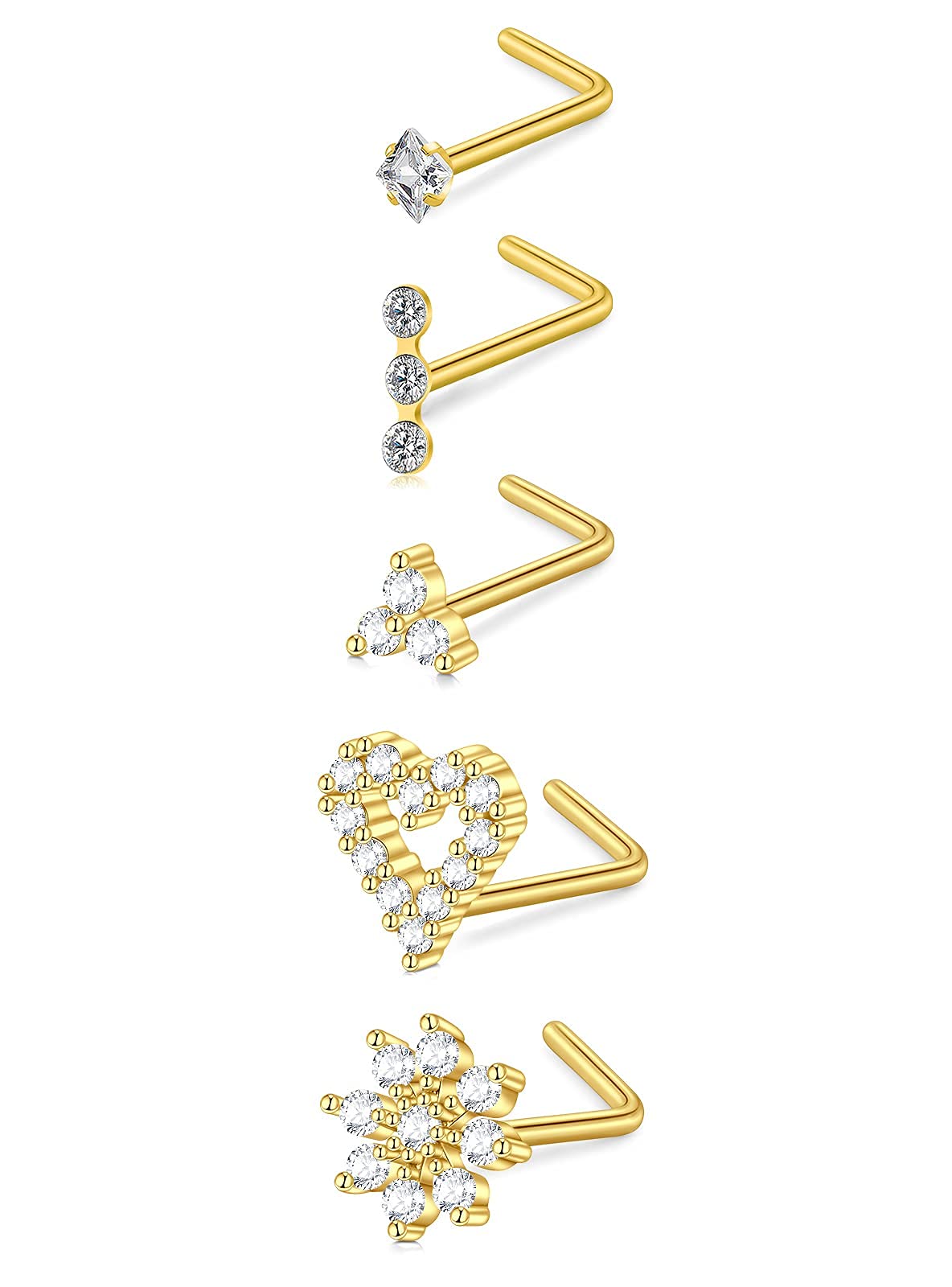 QWALIT Nose Studs 20g Nose Stud Diamond Nose Rings Stud for Women Surgical Steel Nose Piercing Stud Cute Nose Studs L Shaped Flower Heart Stud Nose Ring Gold