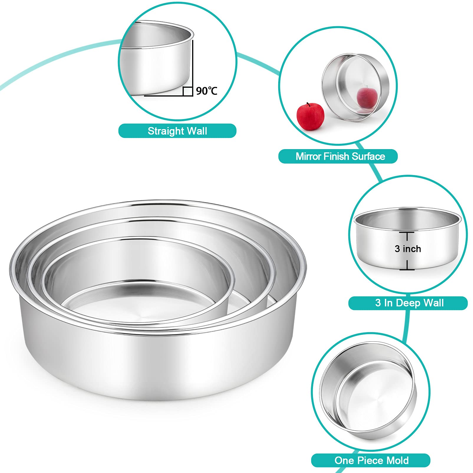 TeamFar 6/8 / 9 Inch Cake Pan, Stainless Steel Round Baking Pan for Cake Brownie Lasagna, Non-Toxic & Heavy Duty, 3β Deep Wall & One Piece, Smooth & Dishwasher Safe-Set of 3
