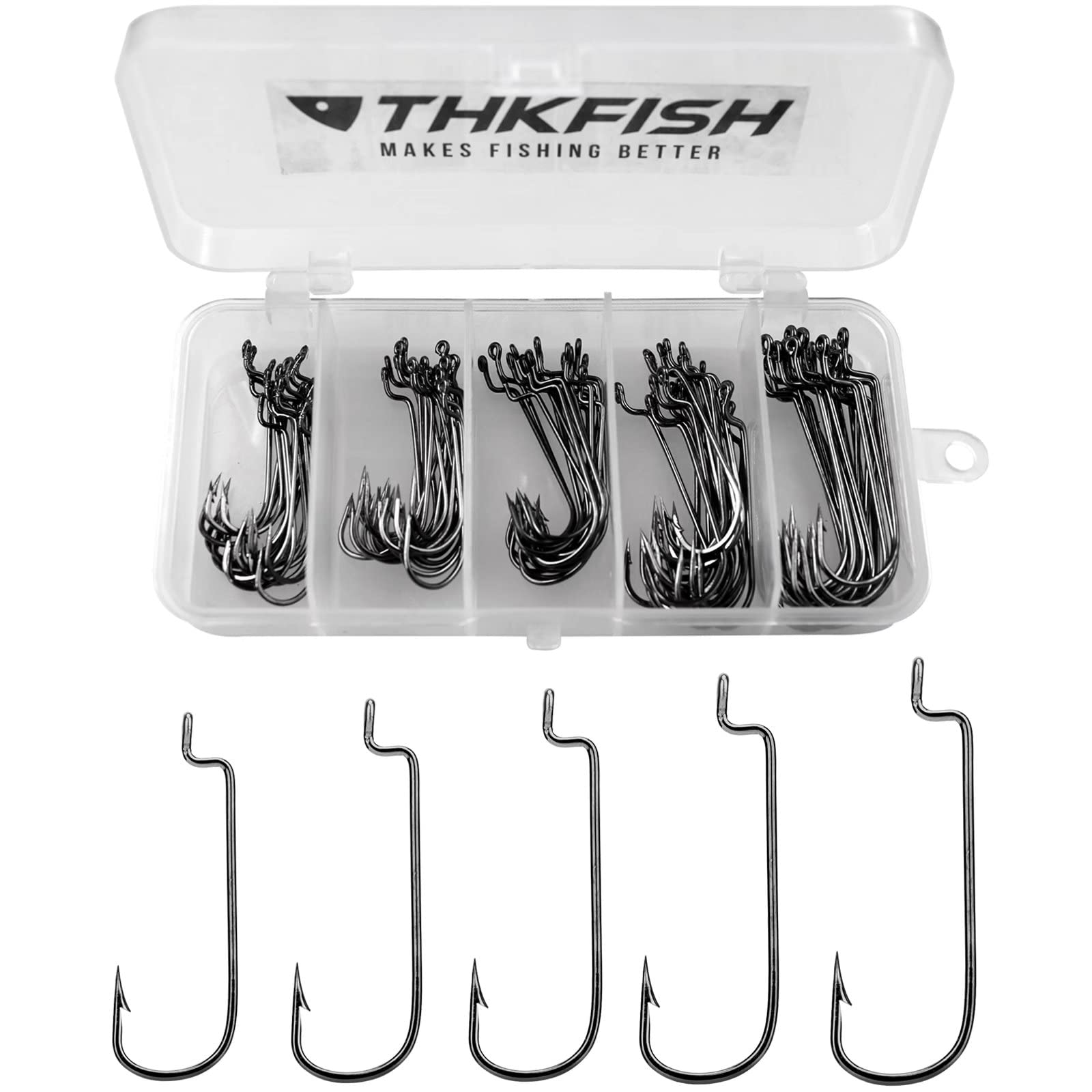 THKFISH 50pcs/Box Fishing Offset Worm Hooks EWG-Offset Fishing Hooks Round Bend Offset Worm Hooks Wide Gap Hooks with Barbed Shank #2#1 1/0 2/0 3/0-Offset Wide Gap Hooks