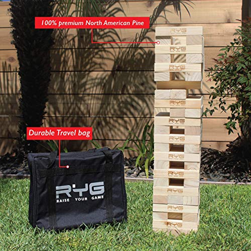 Raise Your Game Giant Wooden Tower (Stacks to a Maximum of 5 feet), Large Tumbling Block Timbers, Wood Stacking Game Jumbo Backyard Set with Carrying Case