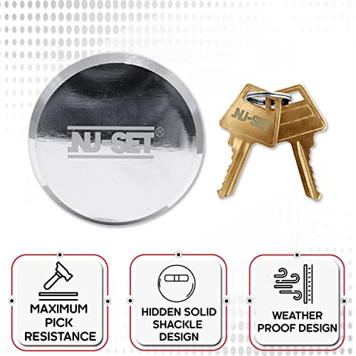 NU-SET 2-7/8 Inch Heavy Duty Solid Steel Hockey Puck Padlock with Hardened Reinforced shackle for superior cut resistance.Hidden Shackle Design resists pulling and prying, Chrome Finish,4 piece,5373-3