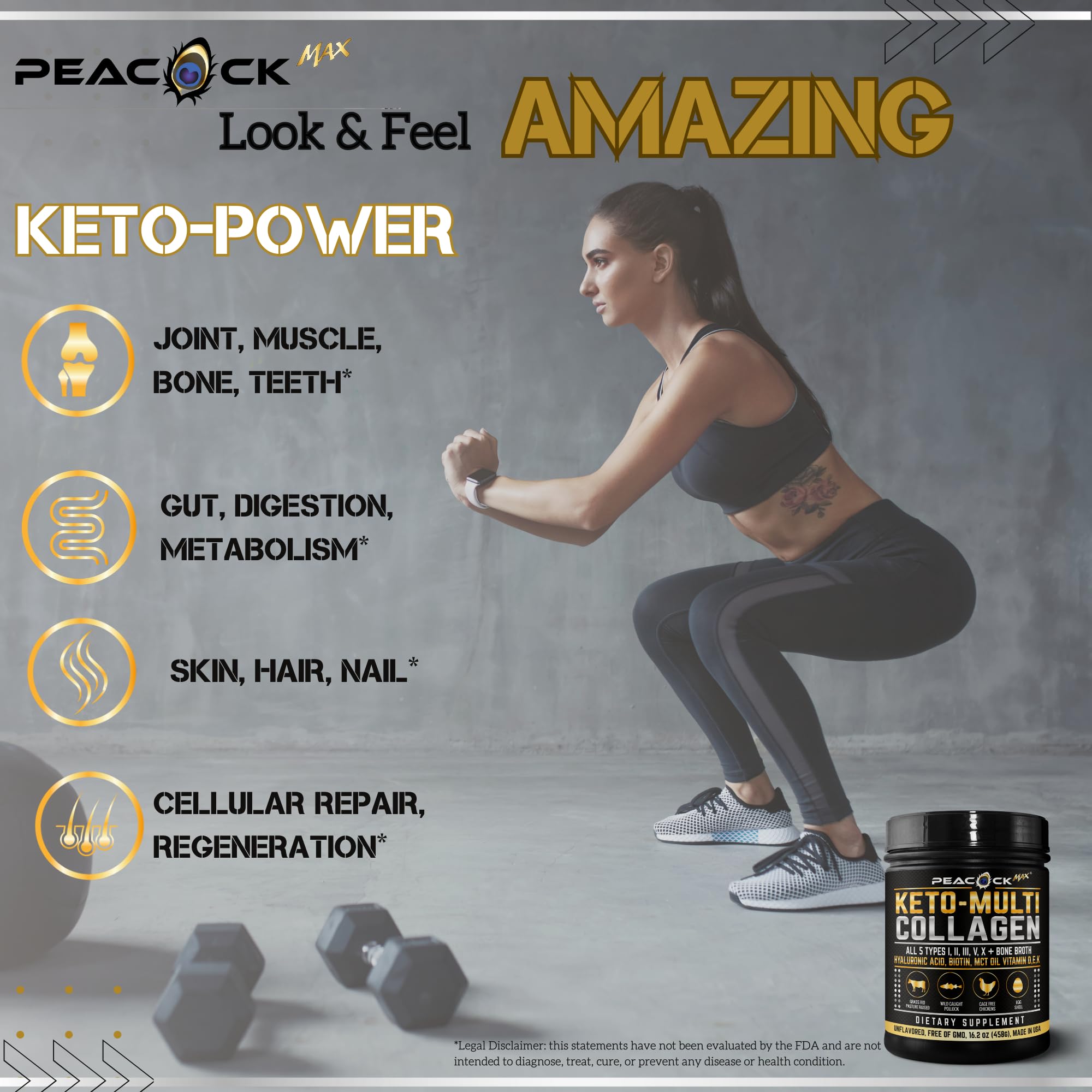 Peacock Max Keto Multi Collagen 5 Types with Bone Broth, Unflavored 16.2 oz Nutrition Protein Powder with Hydrolyzed Peptides, MCT Oil, Biotin, Supports Joints, Bones, Skin, Gut Health