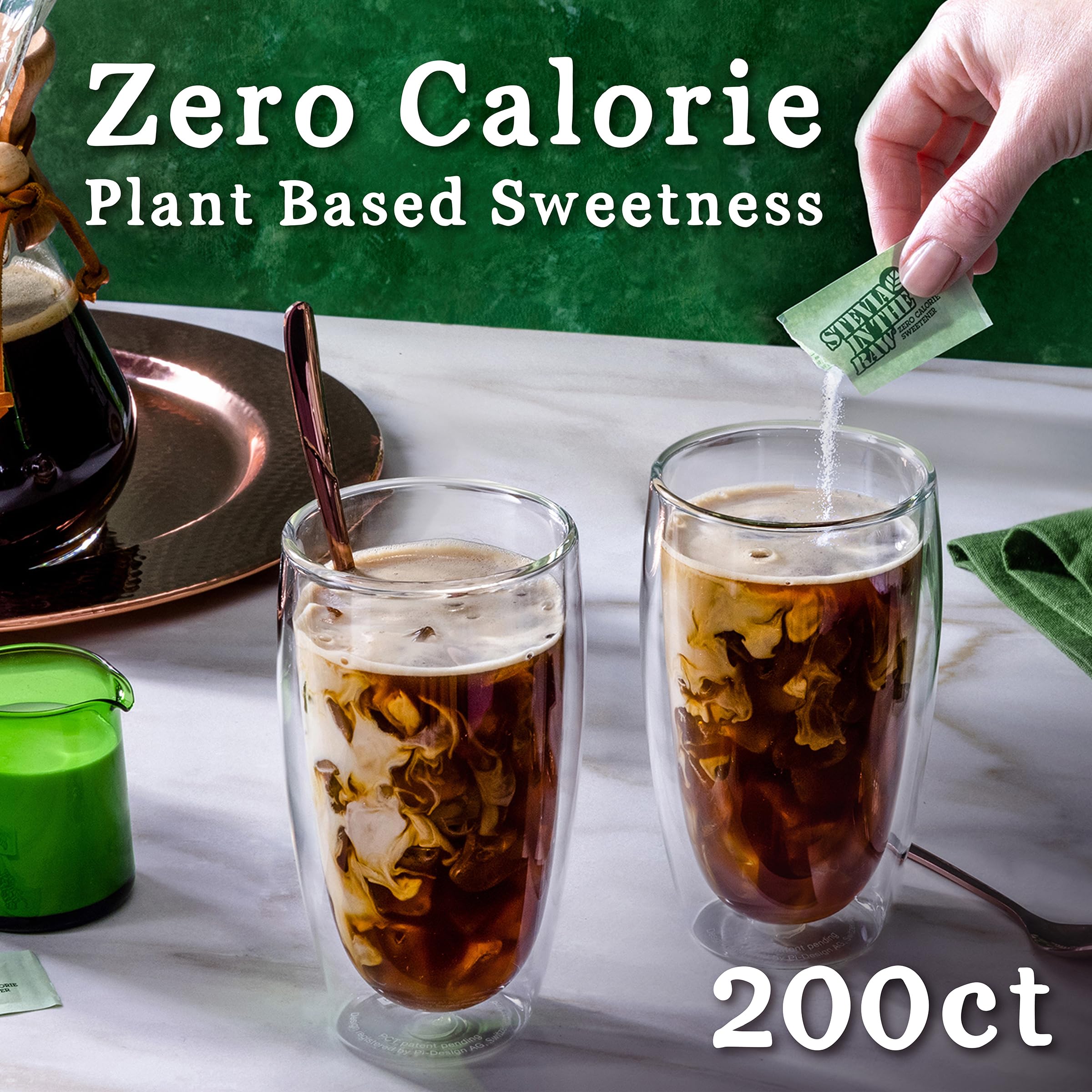 Stevia In The Raw, Plant Based Zero Calorie, No Erythritol, Sugar Substitute, Sugar-Free Sweetener for Coffee, Hot & Cold Drinks, Suitable For Diabetics, Vegan, Gluten-Free, 200 Count Packets (1 Pack)