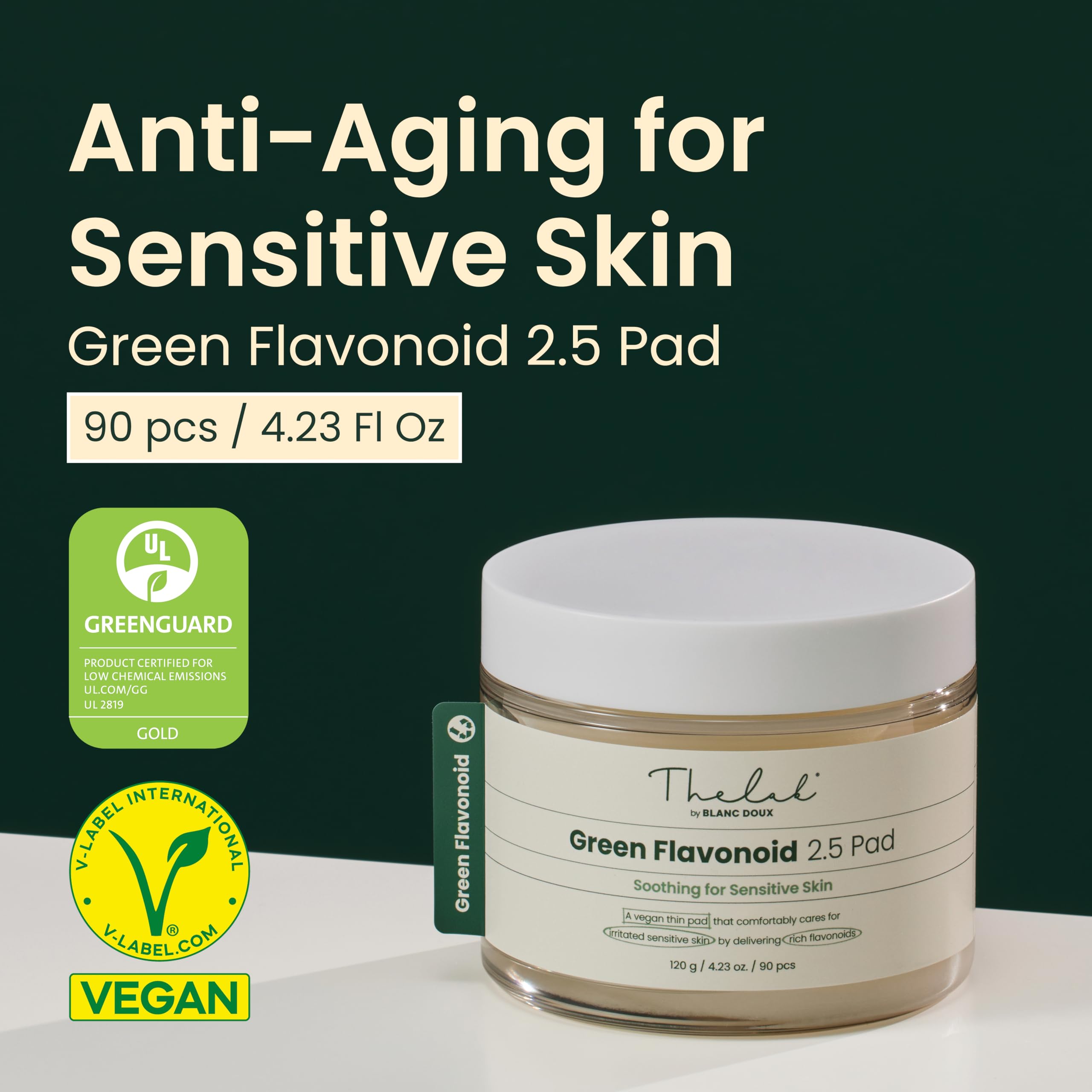 THE LAB BY BLANC DOUX Green Flavonoid 2.5 Toner Pads (90 pcs.) - Gentle Soothing & Calming, Infused with Flavonoids and Naturally-derived Extracts, Ideal for Sensitive Skin