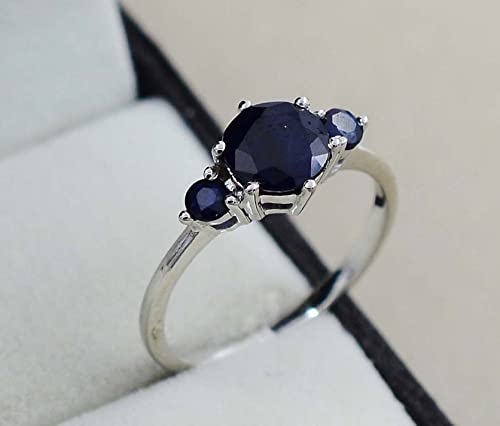 Three Stone Natural Blue Sapphire 7 MM Round Cut 925 Sterling Silver September Birthstone Cluster Unisex Proposal Ring Girlfriend Gift For Valentine Day (Rhodium Plated Silver, 6)