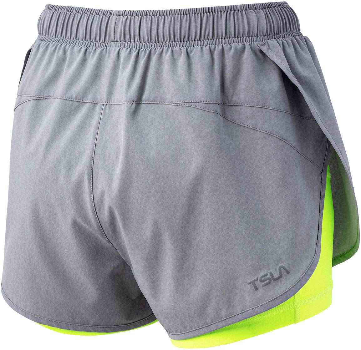 TSLA Women's Running Shorts, Dry Fit Active Sports Workout Shorts, Gym Exercise Athletic Short with Pockets, Paceshorts 2in1 Light Grey & Neon Yellow, Small