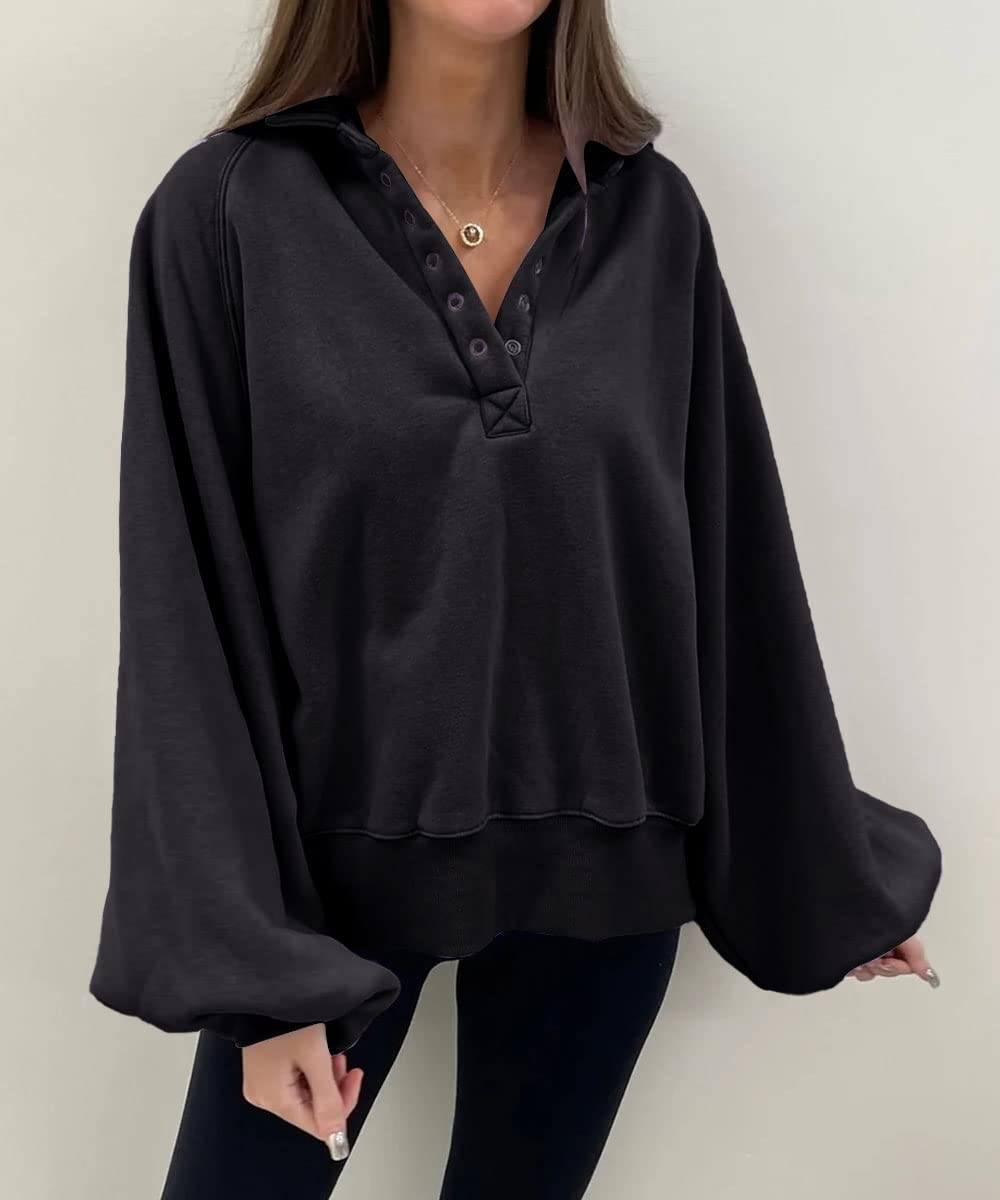 Trendy Queen Womens Sweatshirts Cropped Sweater Fashion Hoodies Oversized Jacket Fall Clothes 2023 Lantern Sleeve Drop Shoulder Pullover Button Fashion Y2K Outfits Black
