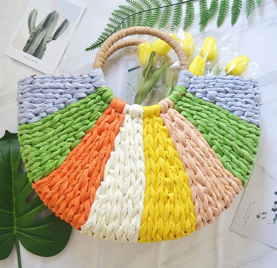 QZUnique Straw Handbags Rainbow Stitching Top Handle Tote Women's Summer Beach Natural Casual Satchel Shoulder Bag
