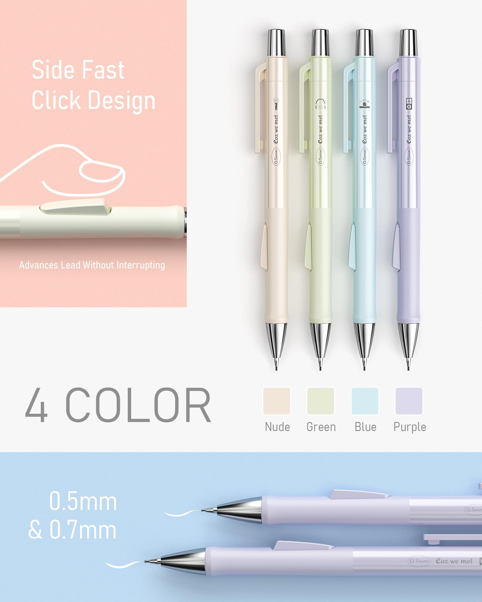 Nicpro 8PCS Pastel Mechanical Pencil 0.5 & 0.7 mm, Cute Fast Click Mechanical Pencils Set with 8 Tubes HB Lead Refills, Erasers for Drafting, School Student Writing, Drawing, Sketching -with Case