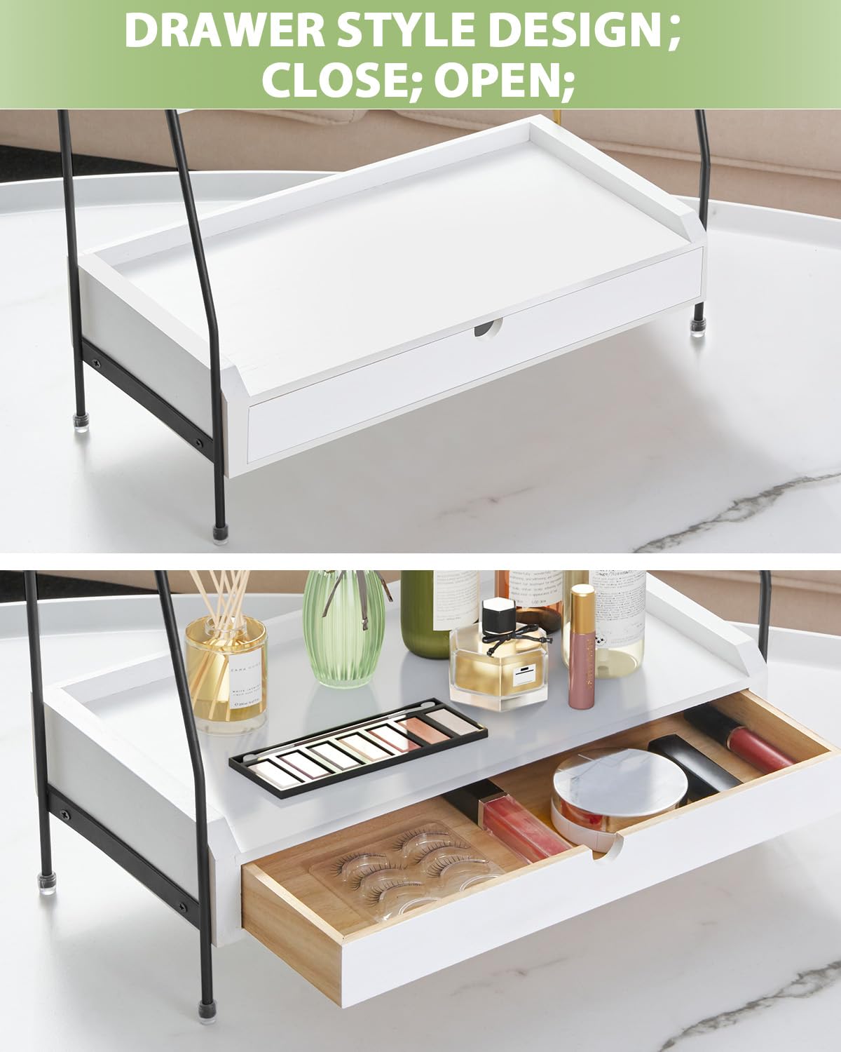 MONVANE 2-Tier Bathroom Organizer Countertop - Solid Wood Bathroom Counter Organizer with Drawer, Simple Standing Vanity Tray for Bathroom Organization and Bathroom Storage (White and Black)