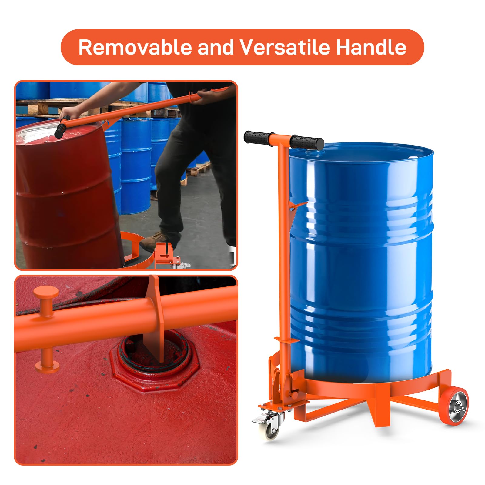 NeapNuuk 55 Gallon Drum Dolly, Heavy Duty Barrel Dolly with 4 Caster Wheels, 1000 LBS Capacity Trash Can Dolly Non-Tipping Hand, Orange Steel Frame Dolly