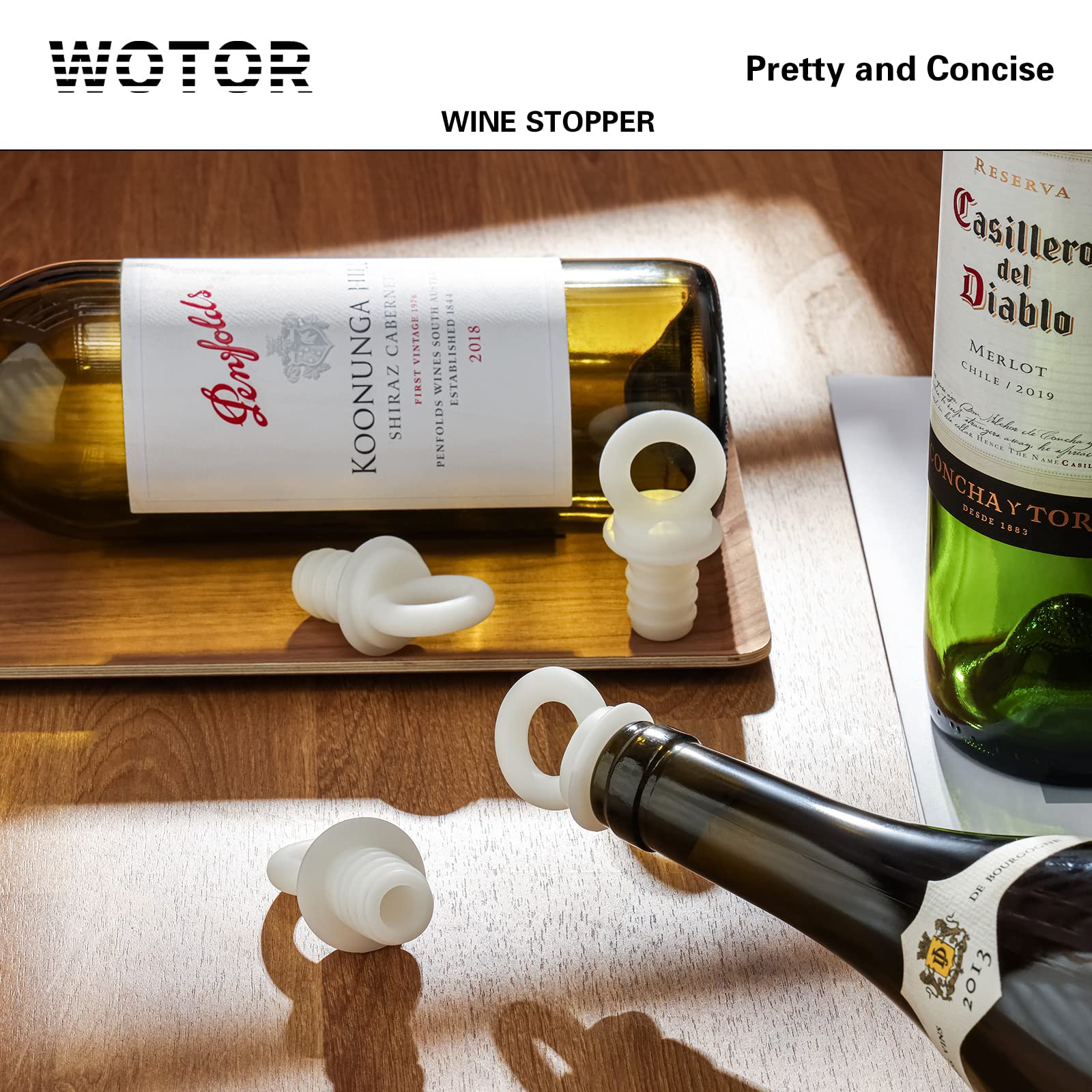 WOTOR Wine Stoppers for Wine Bottles,Reusable Silicone Wine Bottle Stopper with Ring Pull on Top for Keep the Wine Fresh, Set of 6, White
