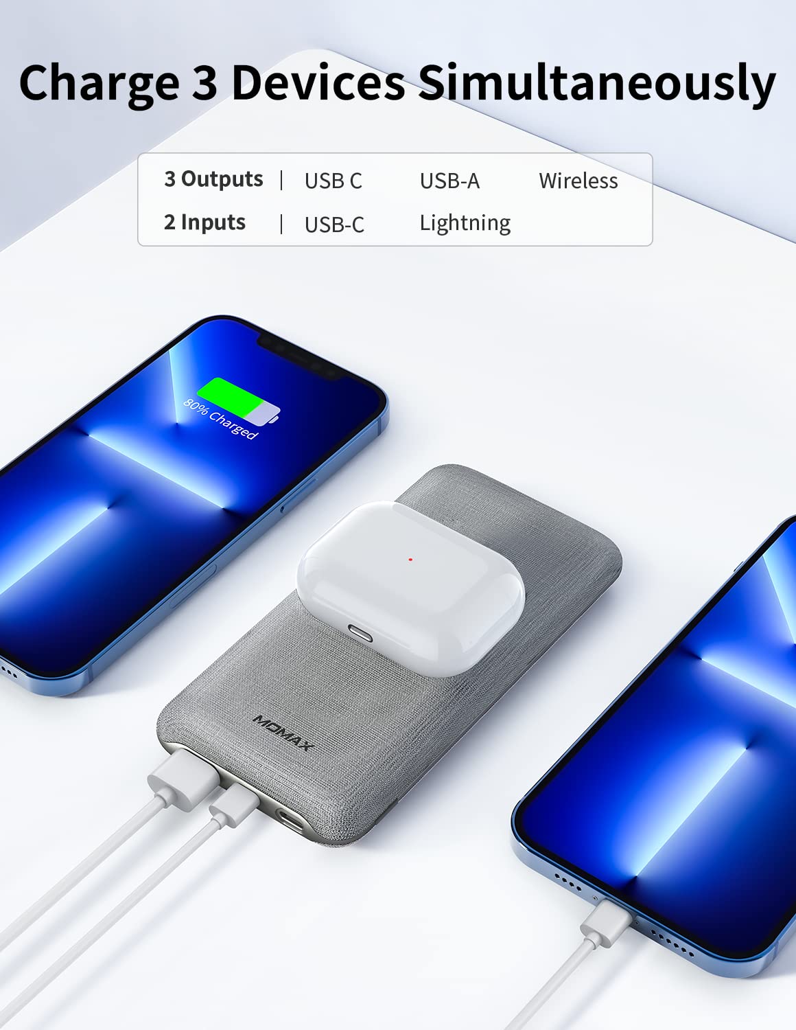 MOMAX Wireless Portable Charger, 10000mAh MFi Q.Power Touch Power Bank Lightning Input 20W PD&QC External Battery Pack 2 Input+3 Output Phone Charger for iPhone, Airpods, Samsung, Android (Light Grey)