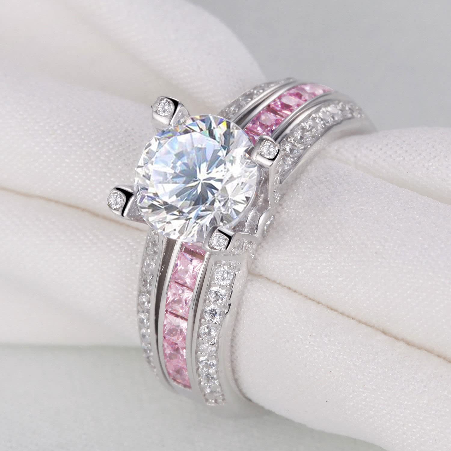 Newshe Jewellery Round Pink Cz 925 Sterling Silver Wedding Band Engagement Ring Sets Size 11