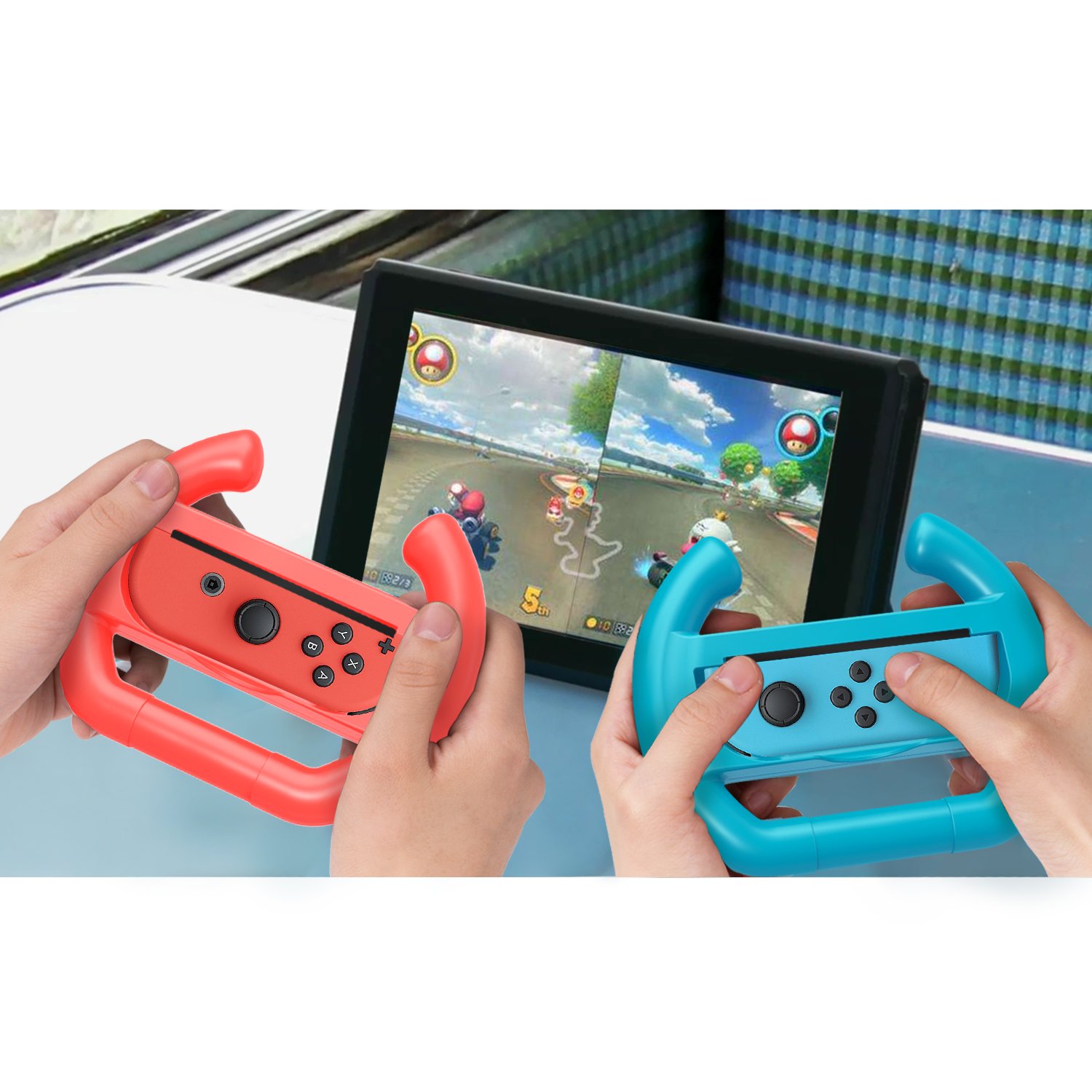 MoKo Steering Wheel Compatible with Switch/Switch OLED Model (2021), [2 Pack] Switch Steering Wheel Controller Handle Compatible with Switch Joy-con Mario Kart Game (Blue & Red)