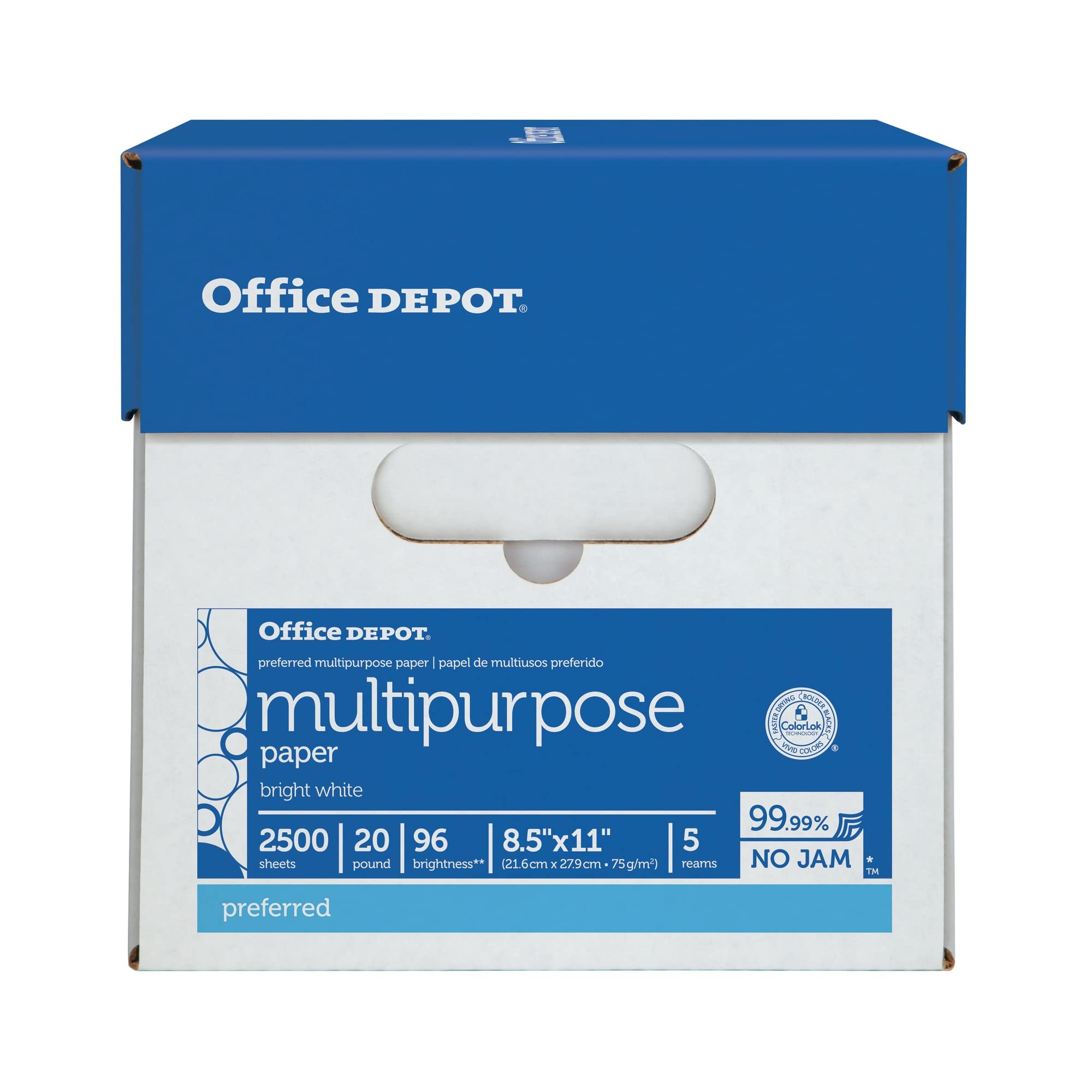 Office Depot® Multi-Use Printer & Copy Paper, White, Letter (8.5" x 11"), 2500 Sheets Per Case, 20 Lb, 96 Brightness, 58