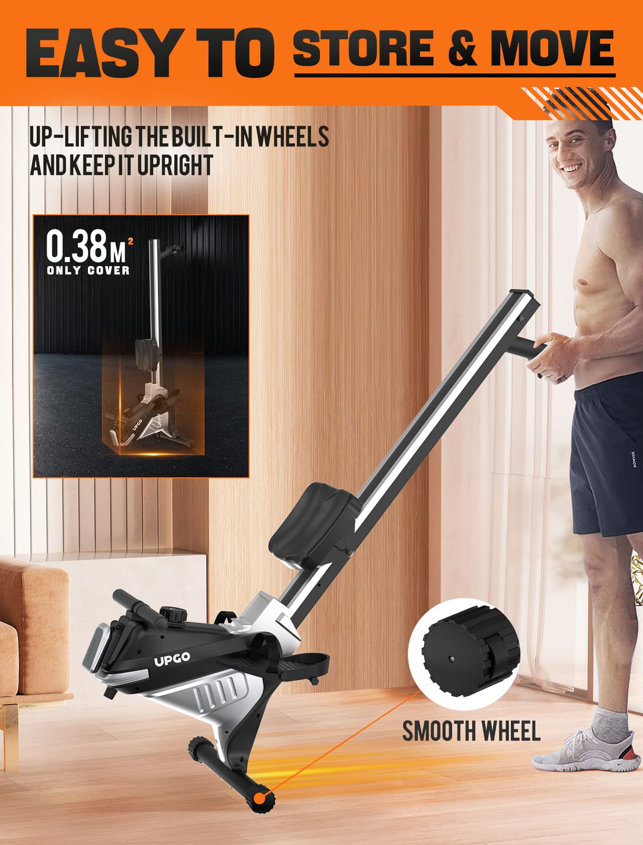 UPGO Rowing Machine for Home Use, Rower with 8 Level Adjustable Quiet Magnetic Resistance, Ergonomic Seat & LCD Monitor, 300 LB Weight Capacity