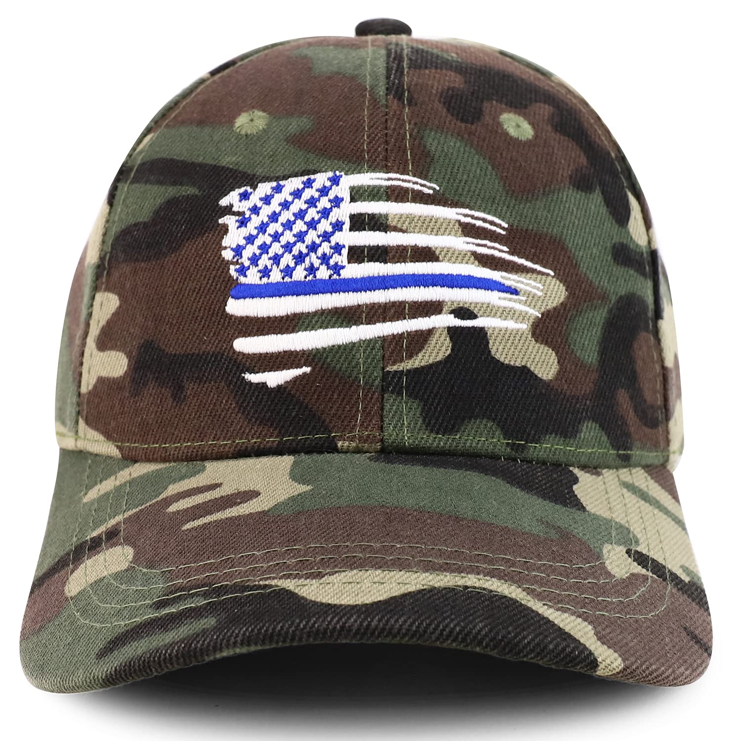 Trendy Apparel Shop Thin Blue Line Waving USA Flag WE SUPPORT Baseball Cap - Camo