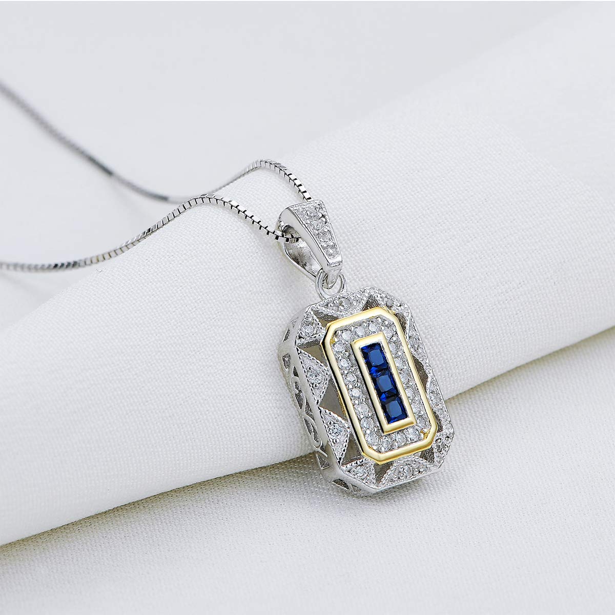 Newshe Women's Created Blue Sapphire White Cz 925 Sterling Silver Gemstone Pendant Chain Necklace 18"