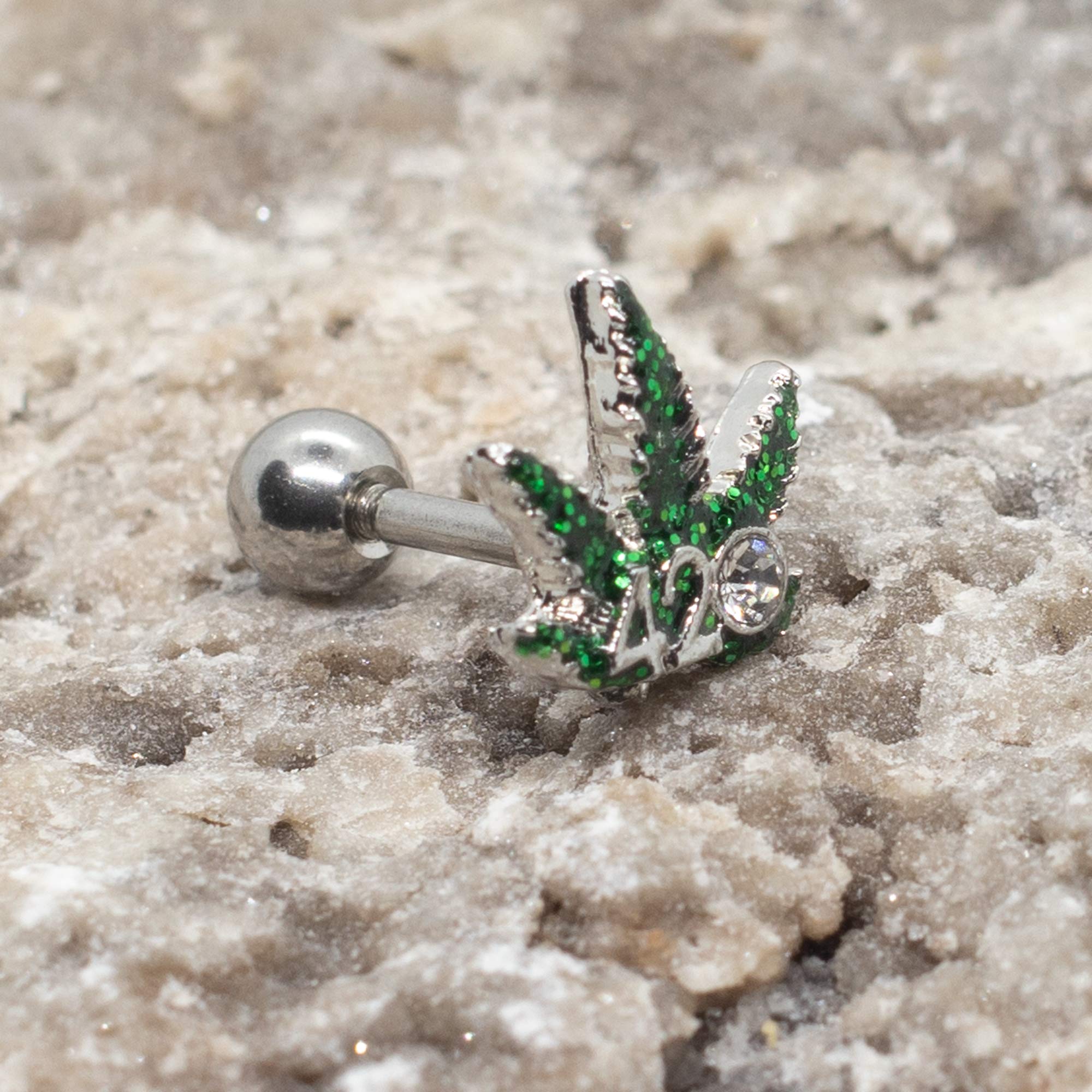 Pierce2GO 16G Stainless Steel 4/20 Marijuana Weed Leaf Green Silver Cartilage Ring (Pot Leaf)