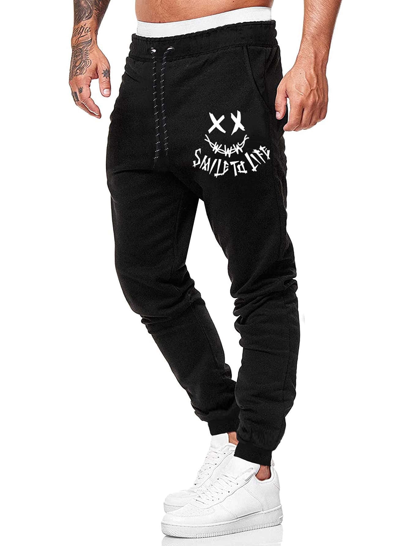 Romwe Men's Graphic Sweatpants Athletic Running Gym Jogger Pants with Pocket Black L