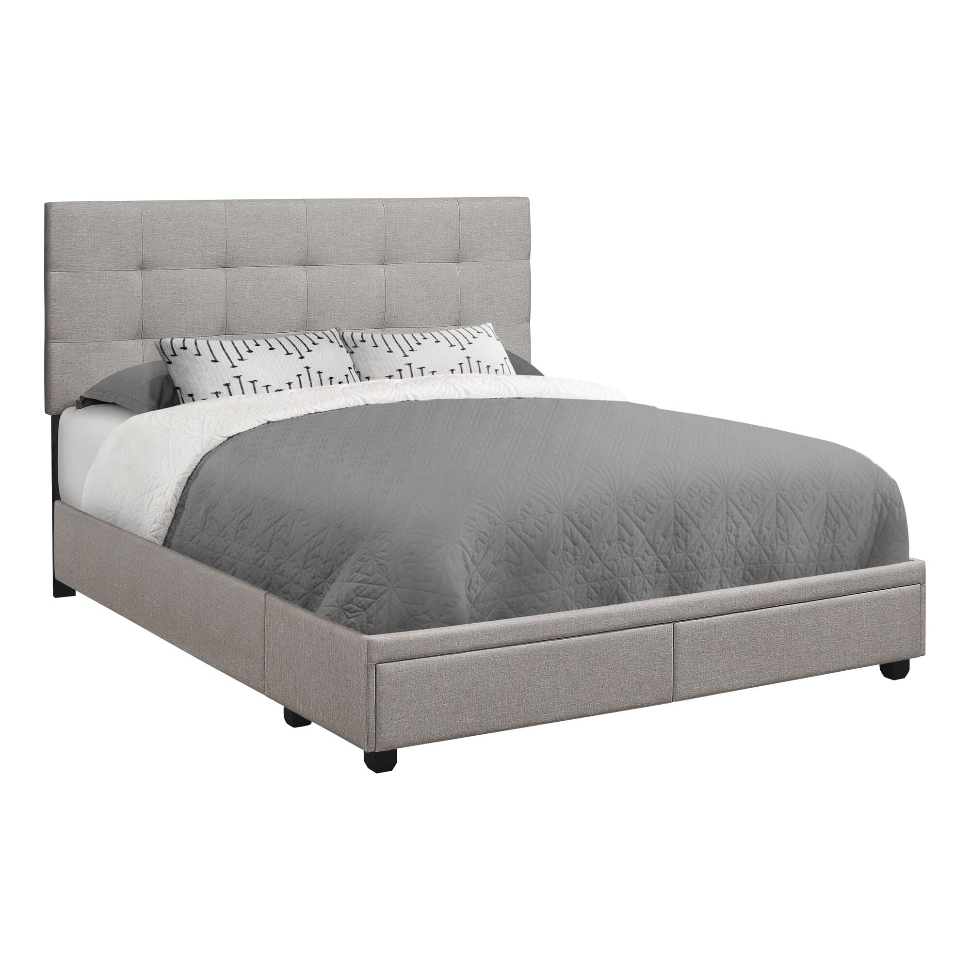 Monarch Specialties I 6021Q Bed, Queen Size, Platform, Bedroom, Frame, Upholstered, Linen Look, Wood Legs, Beige, Black, Transitional
