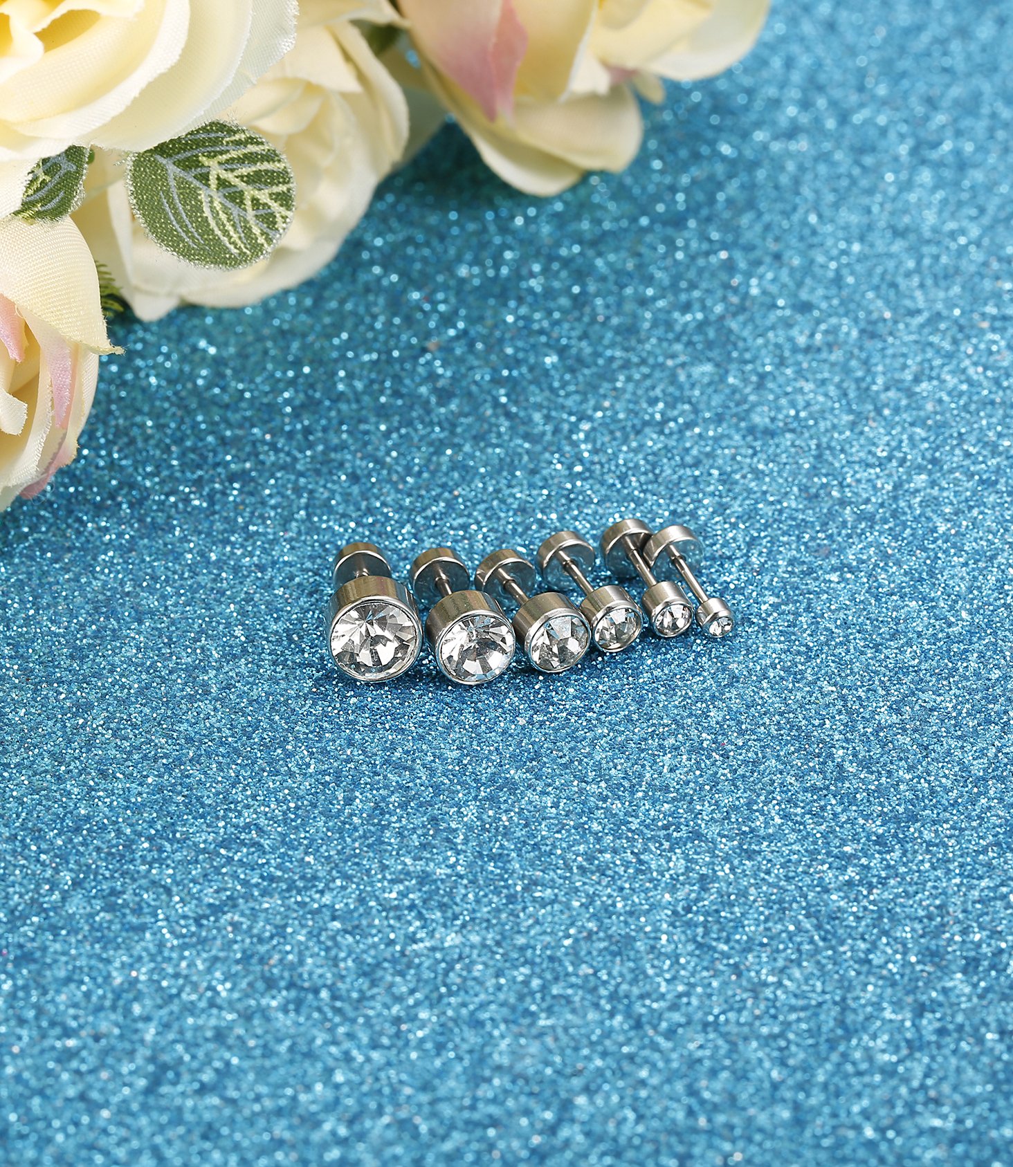 ORAZIO 6 Pairs Stainless Steel CZ Stud Earrings for Women Cartilage Stud Earrings Screwback Silver Tone 3-8mm