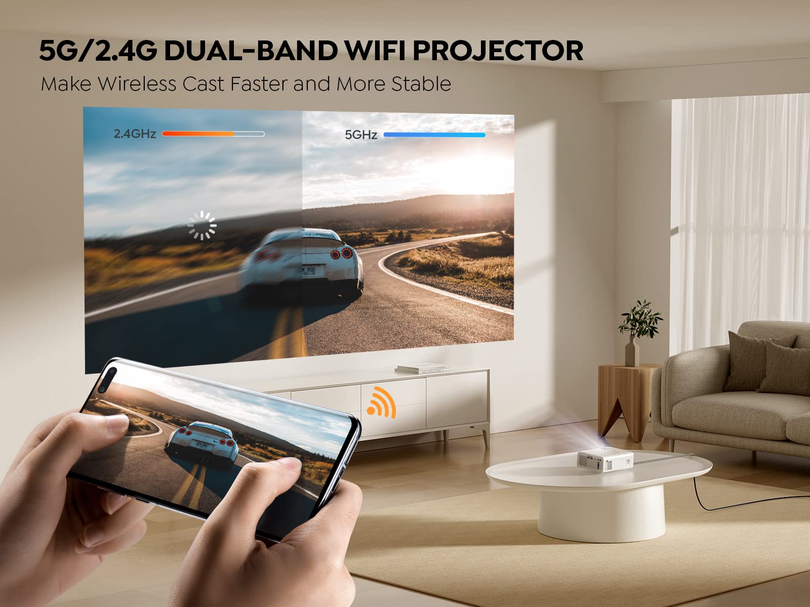 Mini Projector with 5G WiFi and Bluetooth 5.1, YABER 2023 Upgraded Movie Projector 1080P and 4K Supported, Ourdoor Portable Projector with Tripod and Bag, Compatible with Smartphone/PC/TV Stick