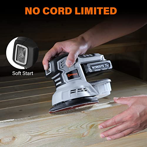 WORKSITE 20V MAX Cordless Random Orbital Sander & Detail Sander, Multi-Purpose Hand Sander w/2.0A Battery & Charger, 20pcs Sanding Discs, Dust Collector and Mouse Pad