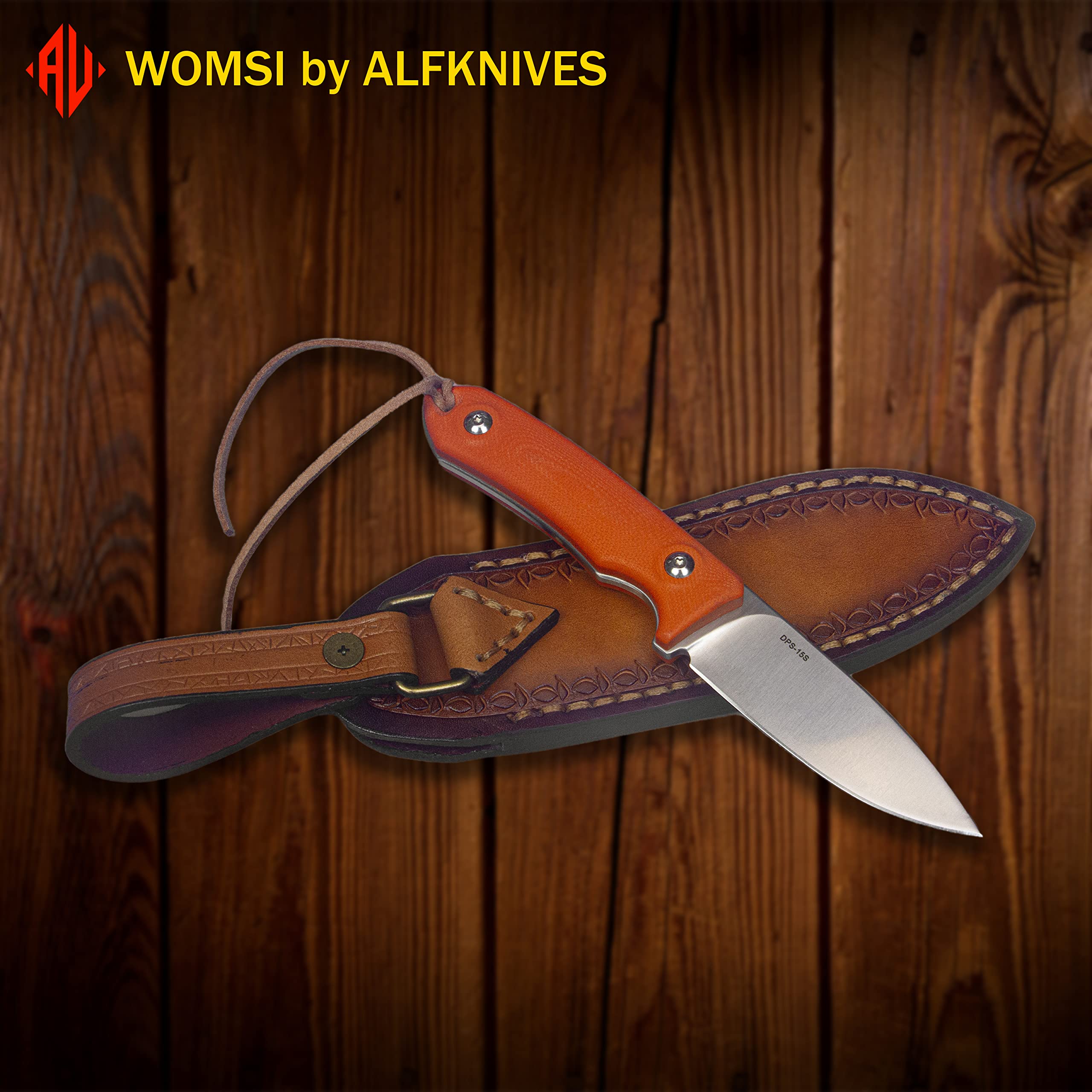 WOMSI Hunting Knife,Full Tang 6.57",DPS15-S Power Steel Blade,Sonorous&durable G10 Handle with Leather Sheath(Orange)