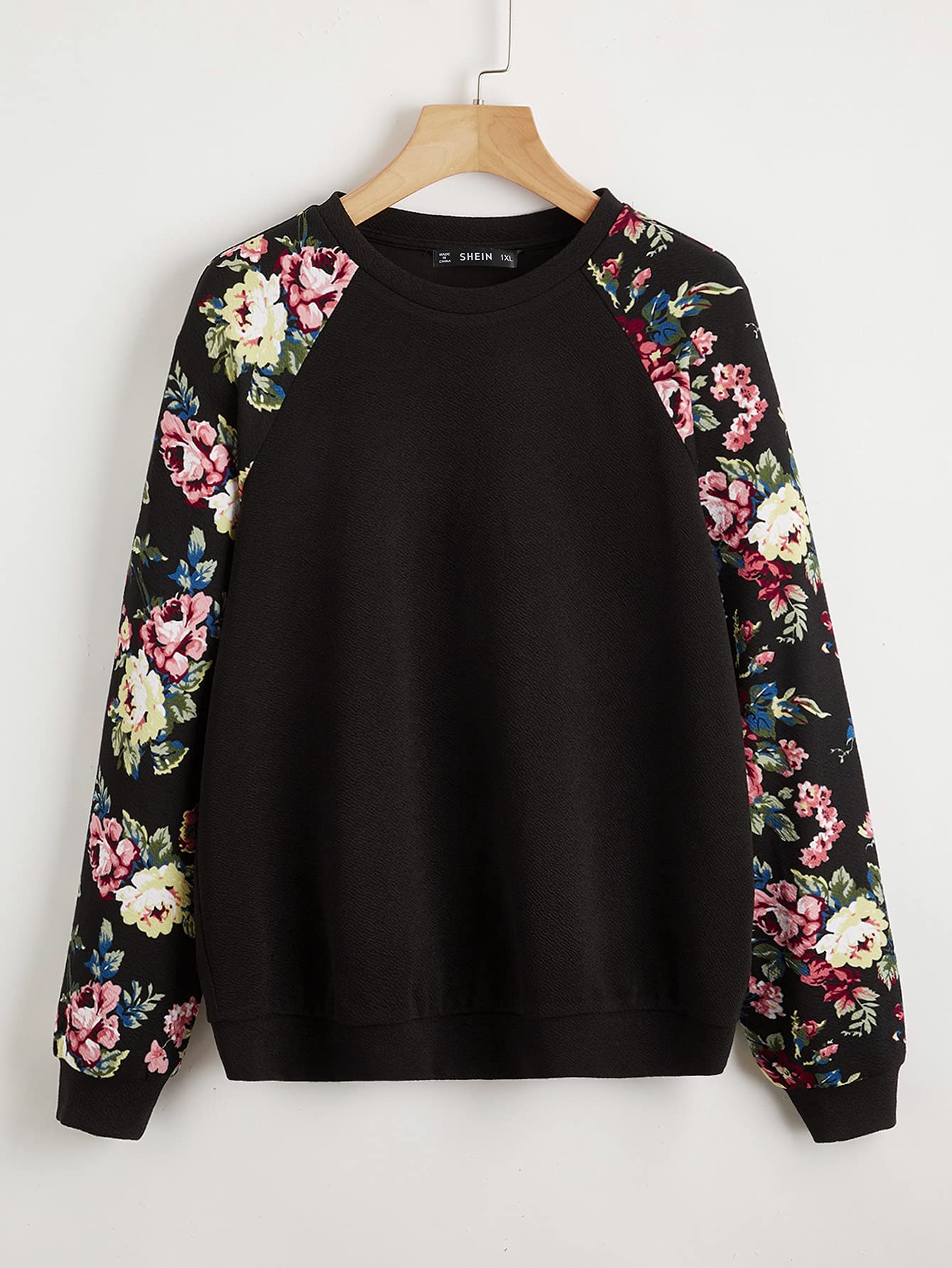 Romwe Women's Plus Size Floral Print Raglan Long Sleeve Pullover Sweatshirts Black 3XL