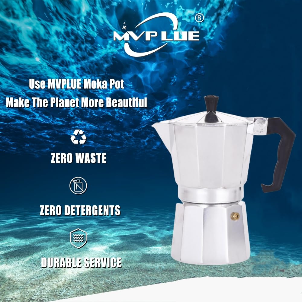MVPLUE Classic Moka Pot 6 Cup 9 oz,Stovetop Espresso Maker Aluminum Silver,Cuban Coffee Maker, Greca,Make Delicious Coffee Easily at Home