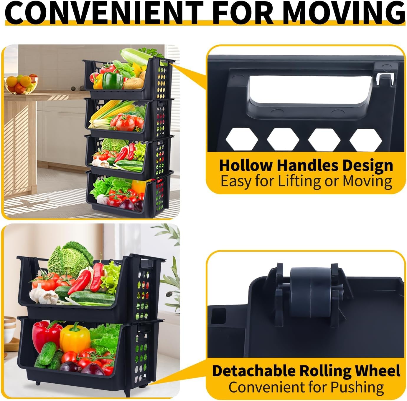 SAglorb Large Plastic Containers for Organizing and Stackable Storage Bins for Kitchen, Pantry Organization,Office or Bathroom,11.22-Inch x 7.68-Inch x 7.28-Inch 4-Pack,Black
