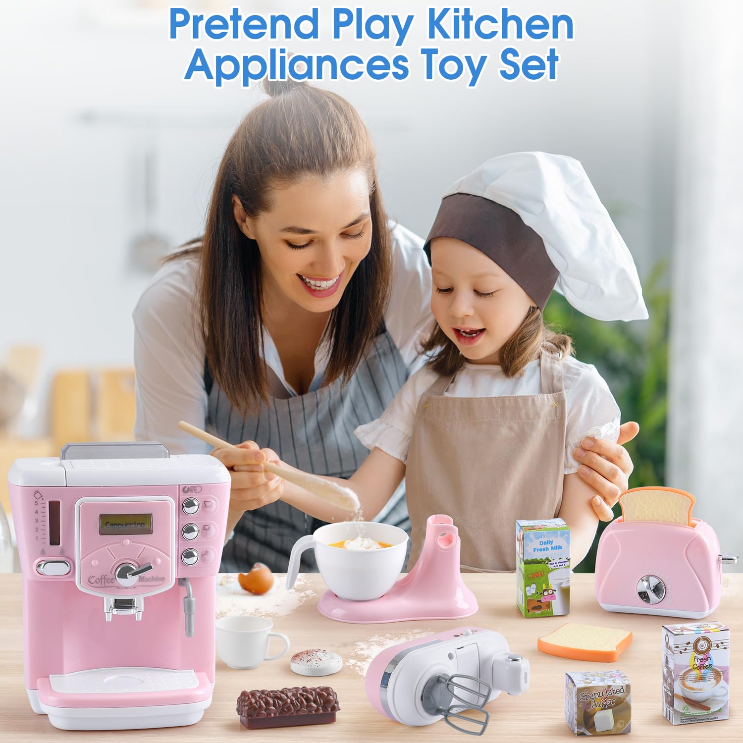 Play Kitchen Appliances Toys - Kids Kitchen Playset Accessories Pretend Kitchen Play for Toddlers 3-5 Large Coffee Maker, Mixer, Toaster with Realistic Sound Play Kitchen for Kids Ages 4-8 Gift