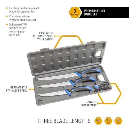 OUTDOOR EDGE Fillet Knife Set | ReelFlex Pak Features 3 Razor-Sharp Flexible Fillet Knives | 6", 7.5" & 9" German Stainless Blades, Non-Slip Handles, Sharpener & Hard Case | Fishing Gear & Equipment