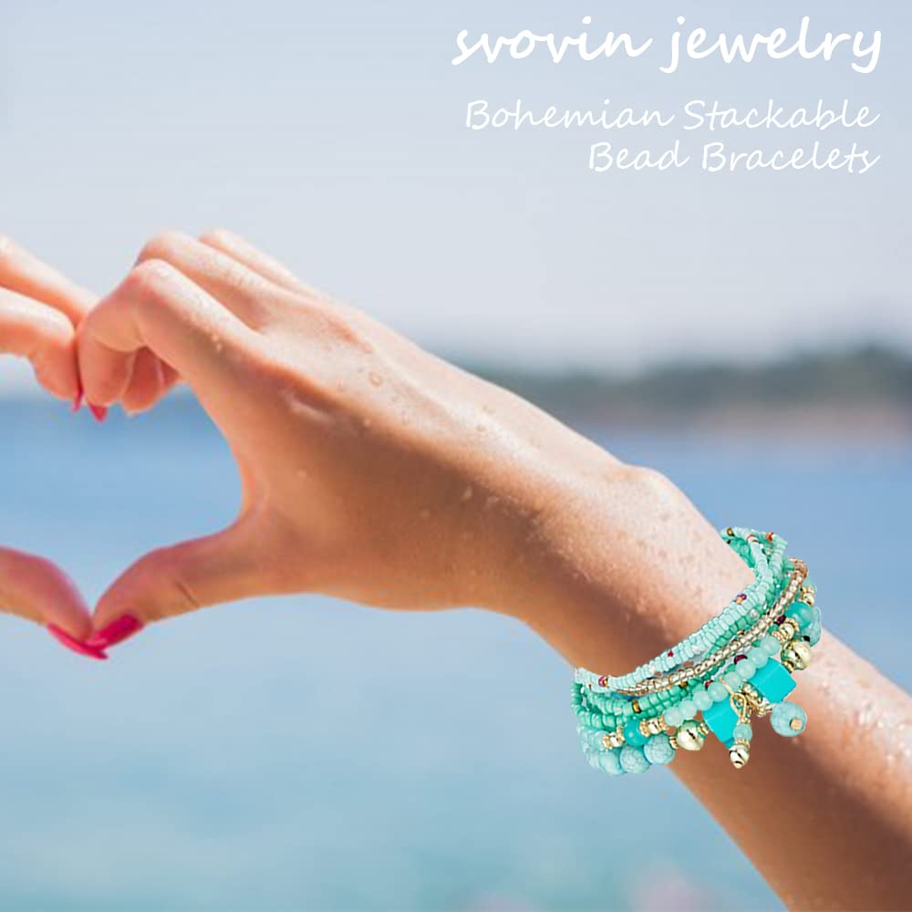 Svovin 8 Sets Bohemian Stackable Bead Bracelets for Women Men Stretch Multilayered Bracelet Set Boho Multicolor Jewelry