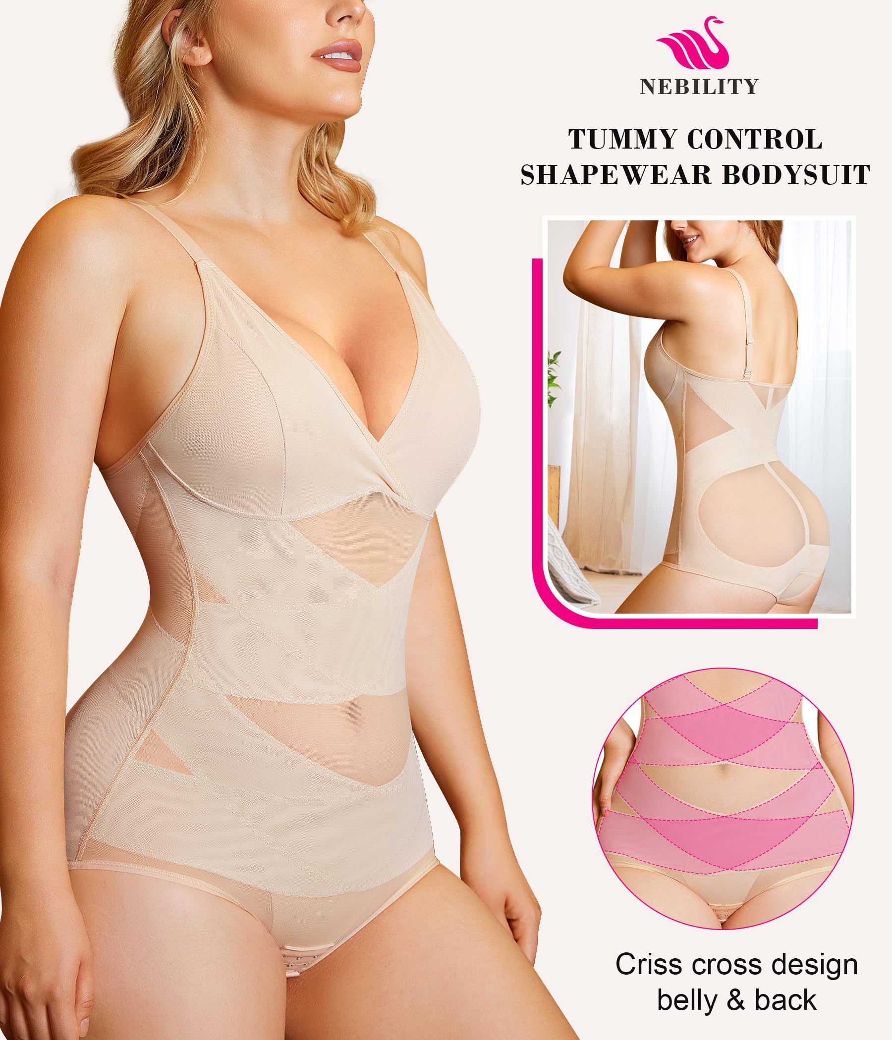 Nebility Women V Neck Shapewear Tummy Control Bodysuit Tank Top Full Body Shaper One Piece Cami Leotard (Large, Beige Normal Size)