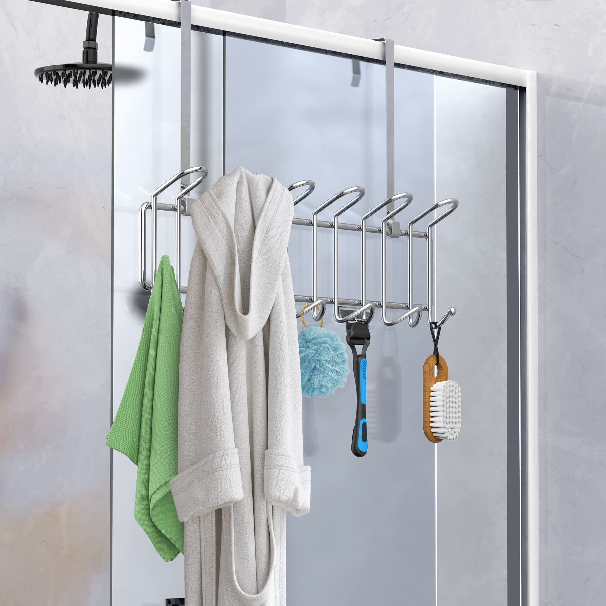 Minggoo Over The Door 13-Hook Rack Heavy-Duty, Wall Mounted Coat Rack,Door Clothes Hanger for Living Room, Cloakroom, Bathroom, Chrome Finish