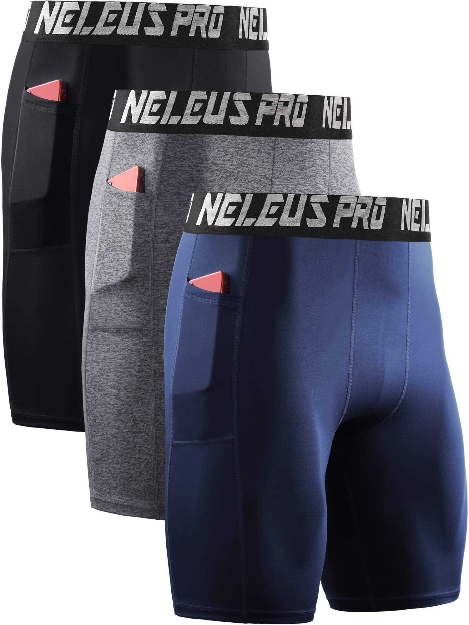 NELEUS Men's 3 Pack Compression Shorts with Pockets Dry Fit Yoga Running Shorts,6063,Black/Grey/Navy Blue,US L,EU XL