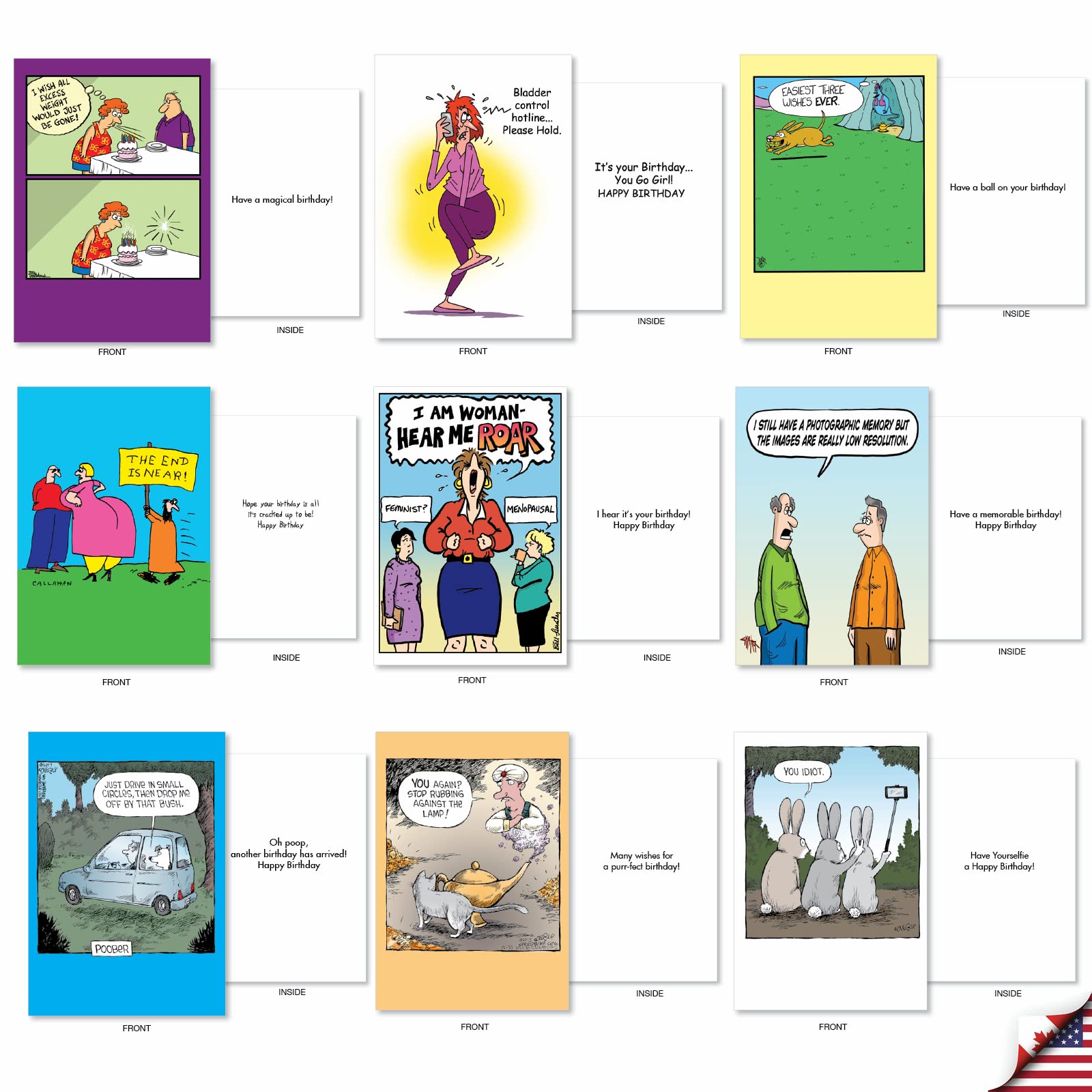 NobleWorks - 36 Assorted Funny Birthday Cards Bulk Box Set with Envelopes (36 Designs, 1 Each) Mixed Humor Greeting Card Variety Pack for Men and Women - Cartoon Party AC9374BDG-B1x36