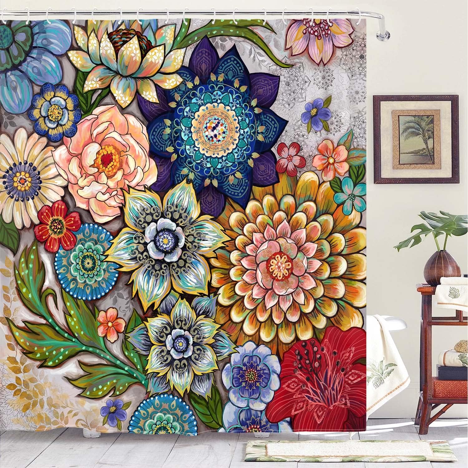 Neasow Boho Floral Shower Curtains for Bathroom, Bright Fabric Blossom Shower Curtain with 12 Hooks, Multi Color 72"×72"